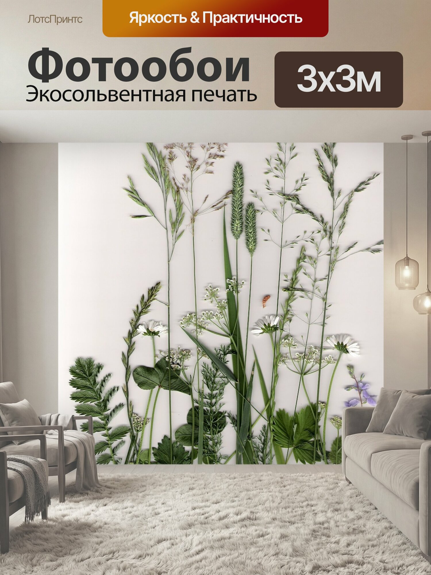 Фотообои "Растения, трава, прессованные растения" 300x300 см. экосольвентная печать