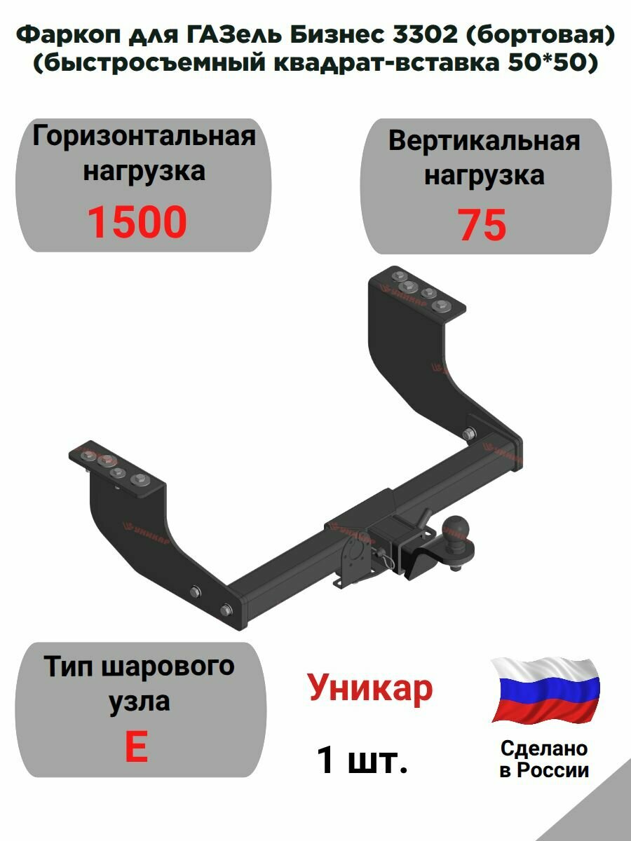 Фаркоп для ГАЗель Бизнес 3302 (бортовая) (быстросъемный квадрат-вставка 50*50) "Уникар" 01017A