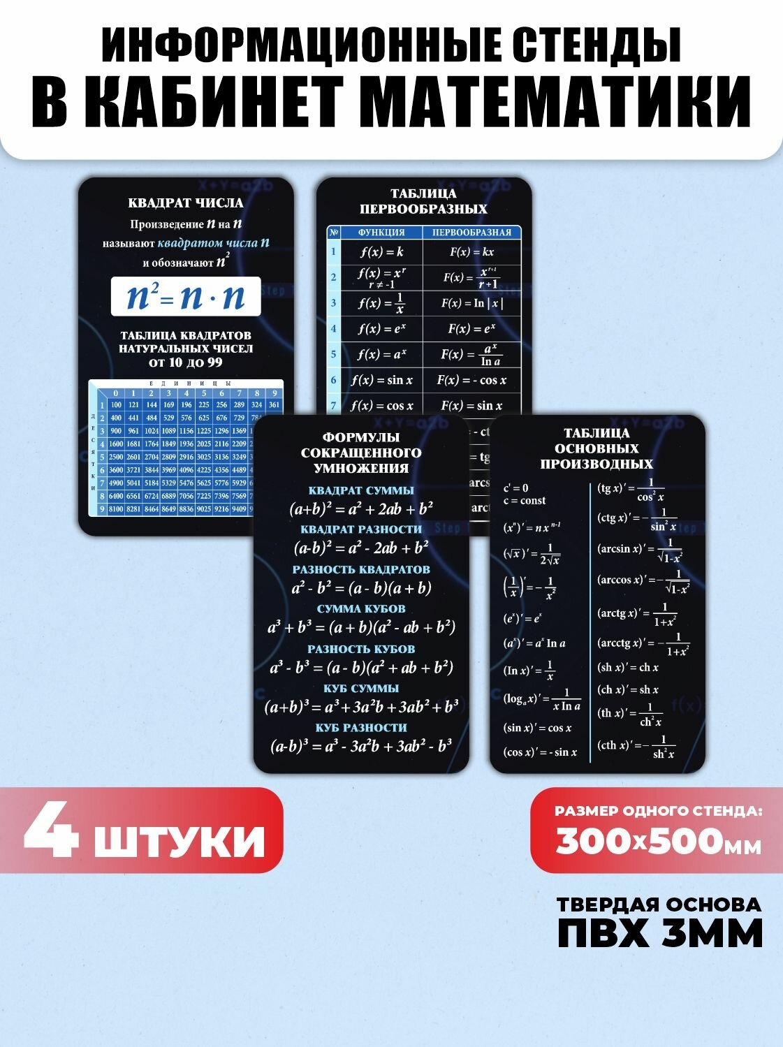 Стенд информационный в школу кабинет математики, цвет синий, комплект 4 шт, VoloMar