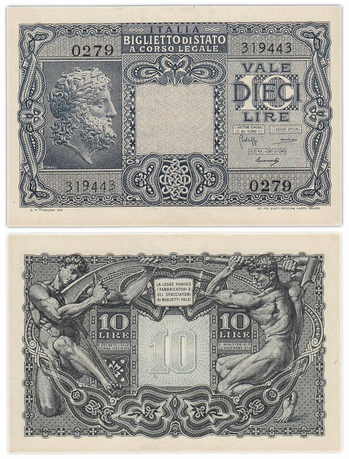 Италия 10 лир 1944