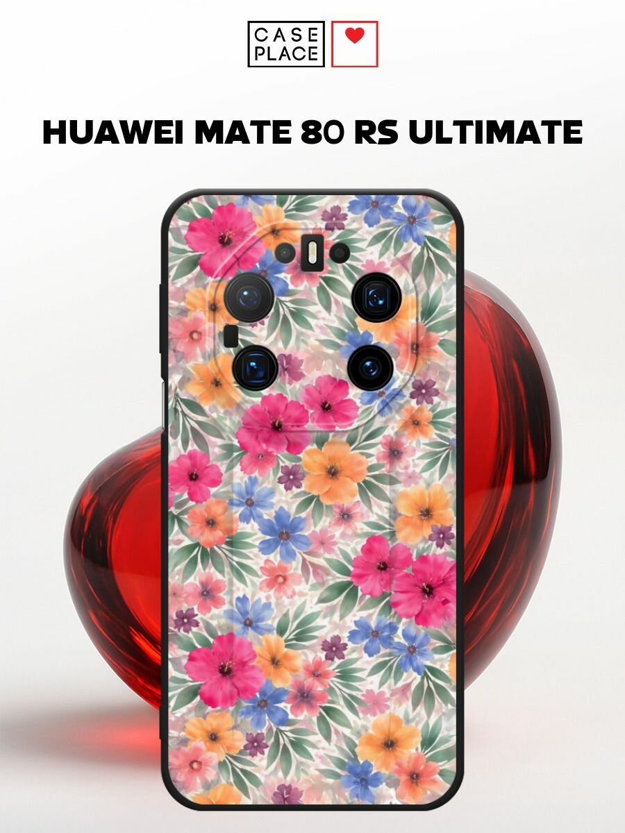 Черный матовый чехол на Huawei Mate 80 RS Ultimate / Хуавей Мейт 80 РС Ультимейт с принтом Яркий цветочный фон