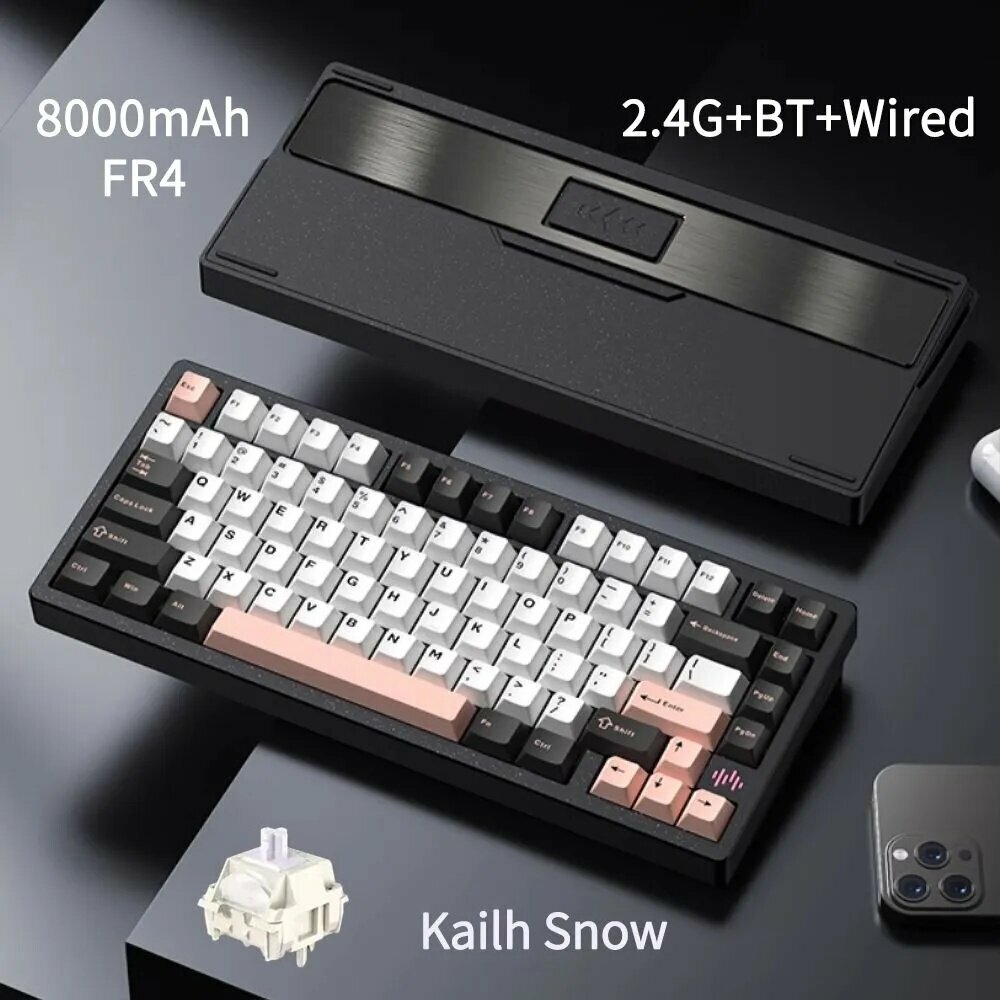PMO Игровая клавиатура беспроводная WAVE 75 Pro Kailh Snow Switch, Английская раскладка, черный, белый