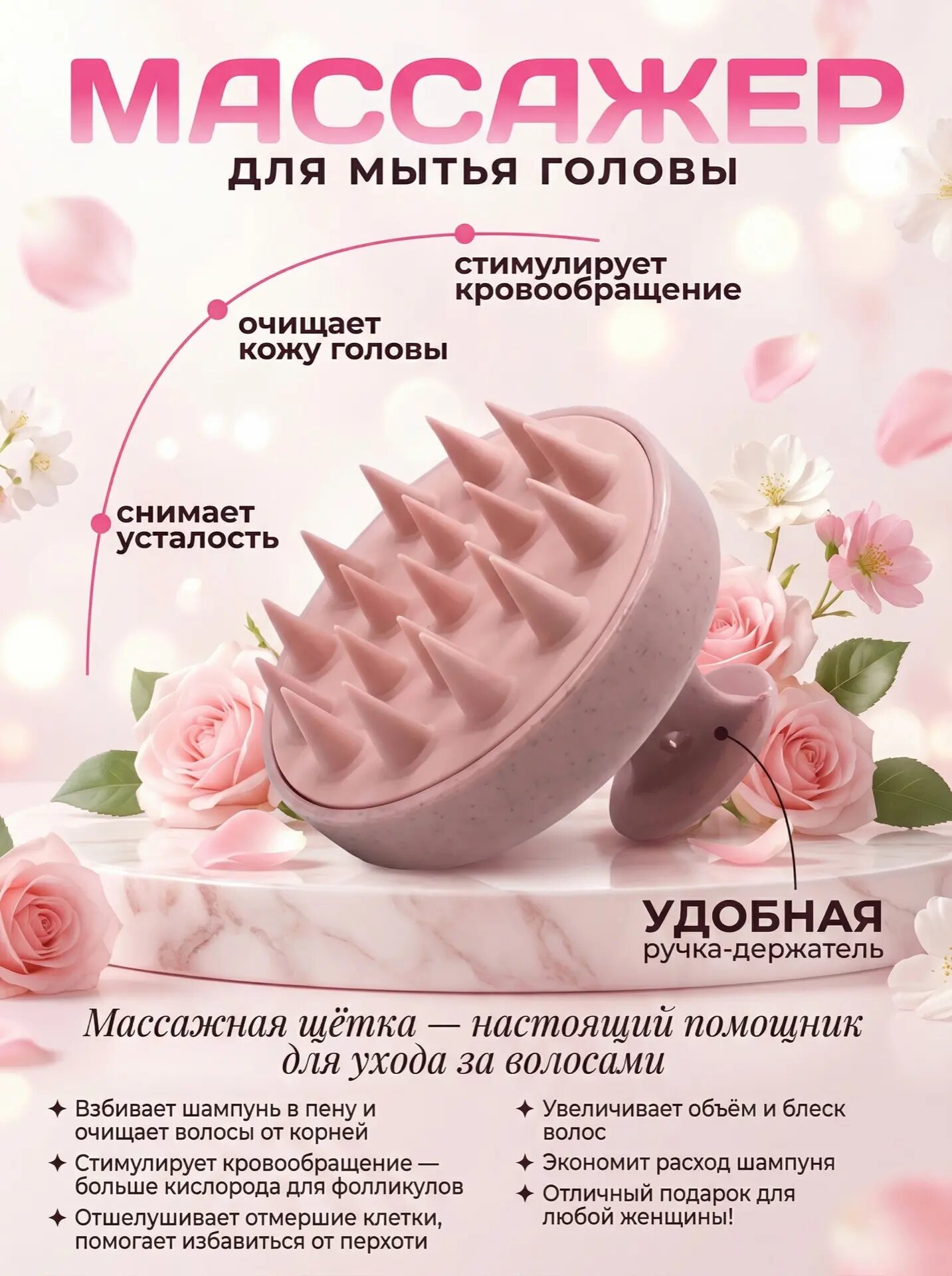 Массажер для головы Viberia, розовый, шиацу, акупунктурный, расслабляющий массаж, силикон, пластик