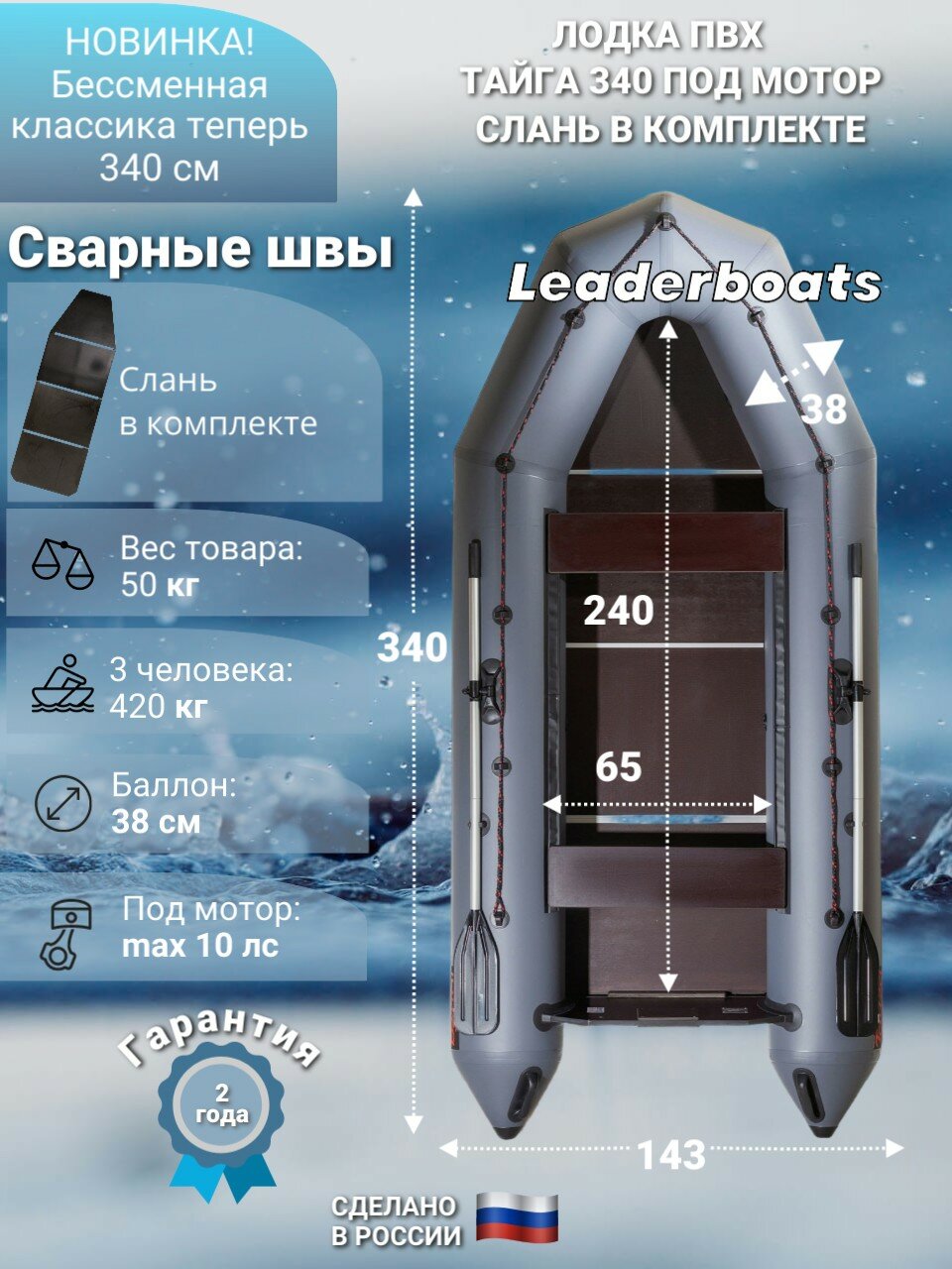 Новинка 2026! Лодка ПВХ под мотор Тайга 340 с жёсткой сланью серая