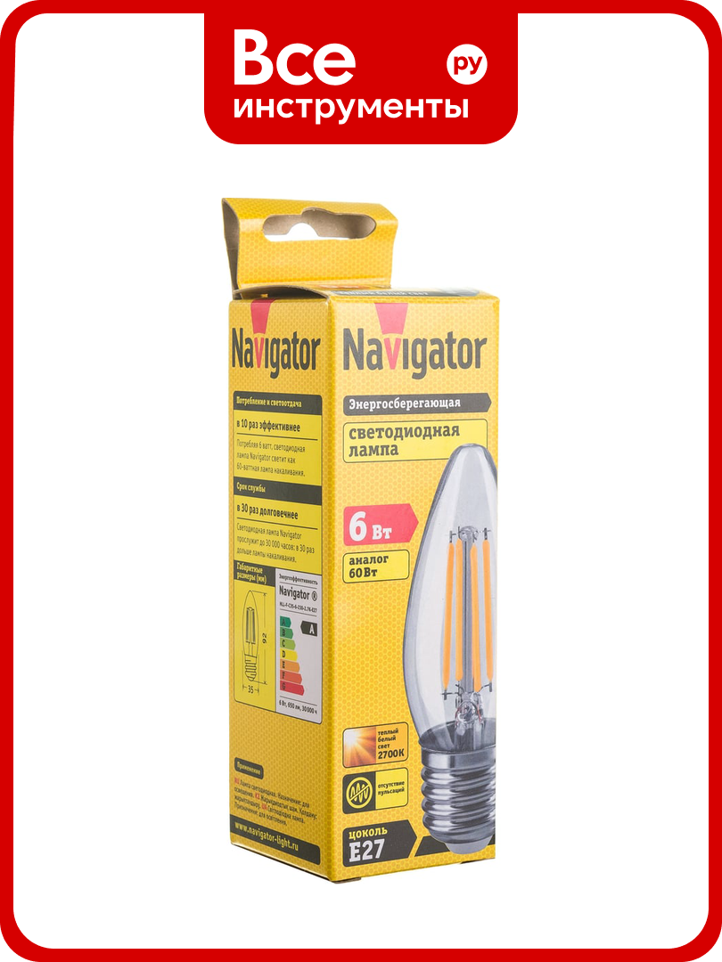 Лампа Navigator NLL-F-C35-6-230-2.7K-E27 14007 филаментная LED лампа с прозрачной колбой типа свеча для общего освещения