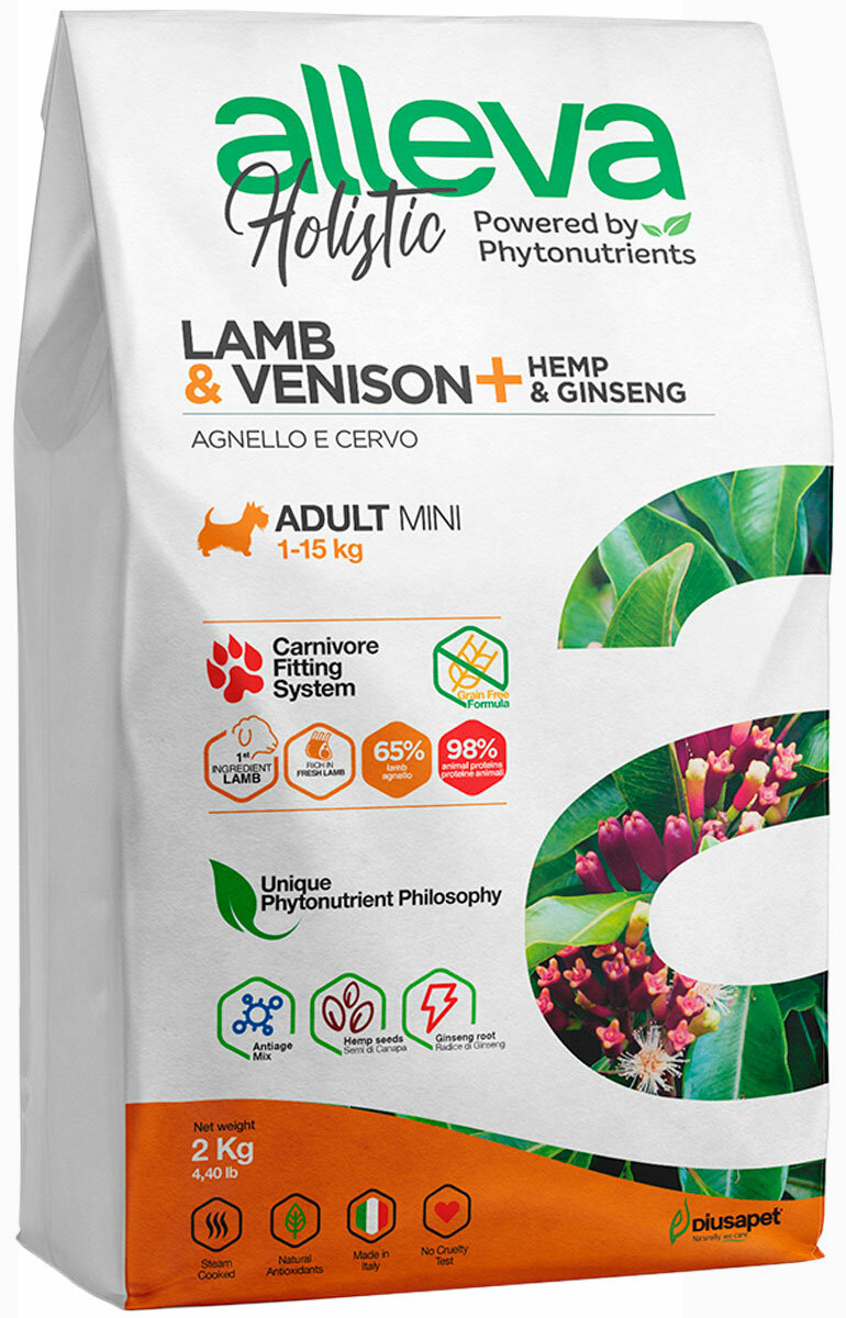 Корм сухой Alleva Holistic Adult Dog Mini Lamb & Venison беззерновой для взрослых собак мелких пород, ягненок, оленина, конопля, женьшень, 2 кг