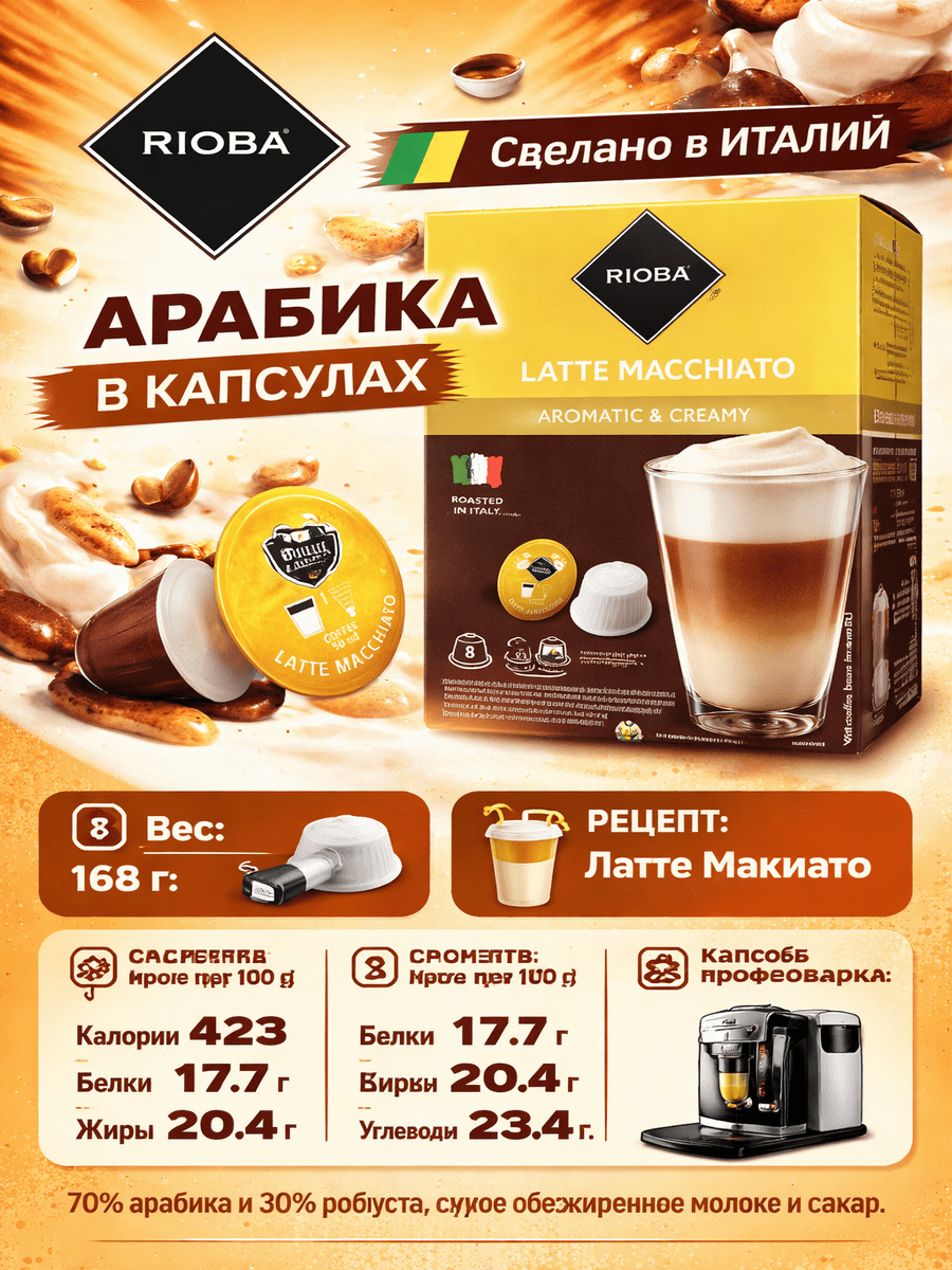 RIOBA Кофе в капсулах Dolce Gusto Latte Macchiato 8 порций 16 капсул, 168г