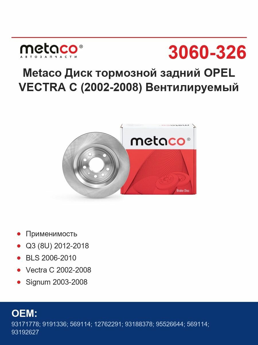 Metaco Диски тормозные задний OPEL VECTRA C (2002-2008) Вентилируемый