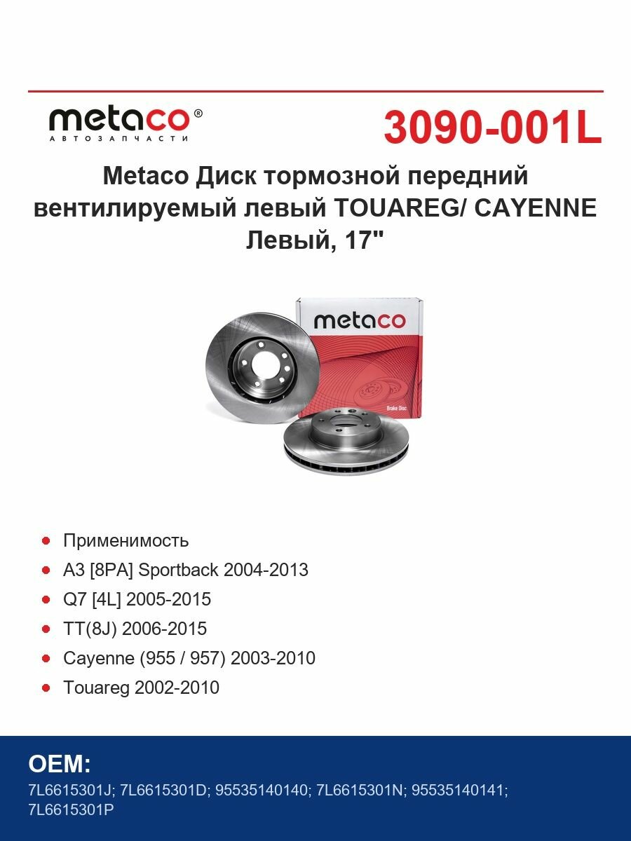Metaco Диск тормозной передний вентилируемый левый TOUAREG/ CAYENNE Левый, 17"