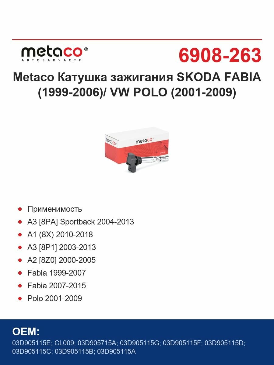 Metaco Катушка зажигания SKODA FABIA (1999-2006)/ VW POLO (2001-2009)