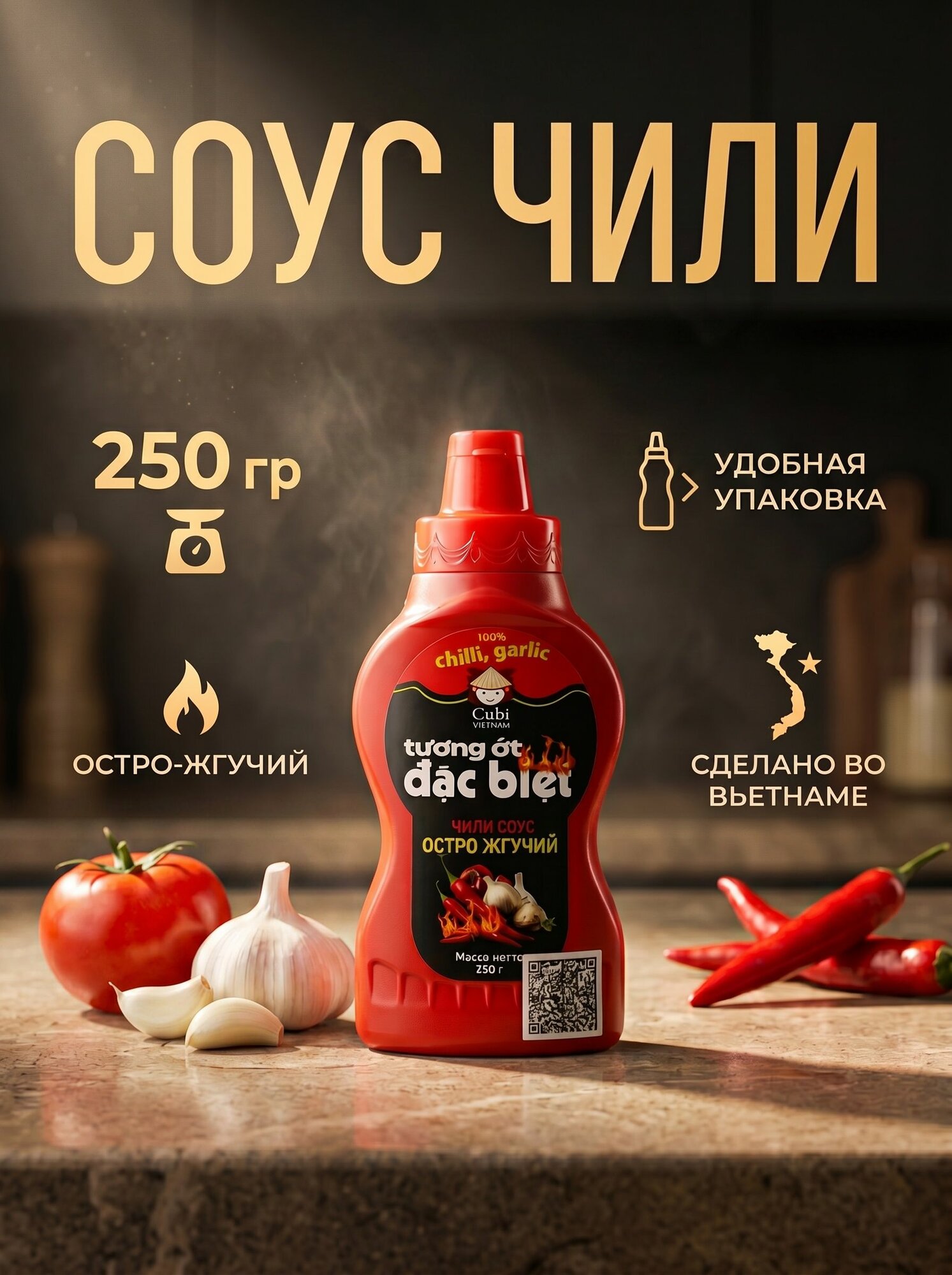 Соус чили, вьетнамский, жгуче-острый, вакуумный пакет, 250 гр