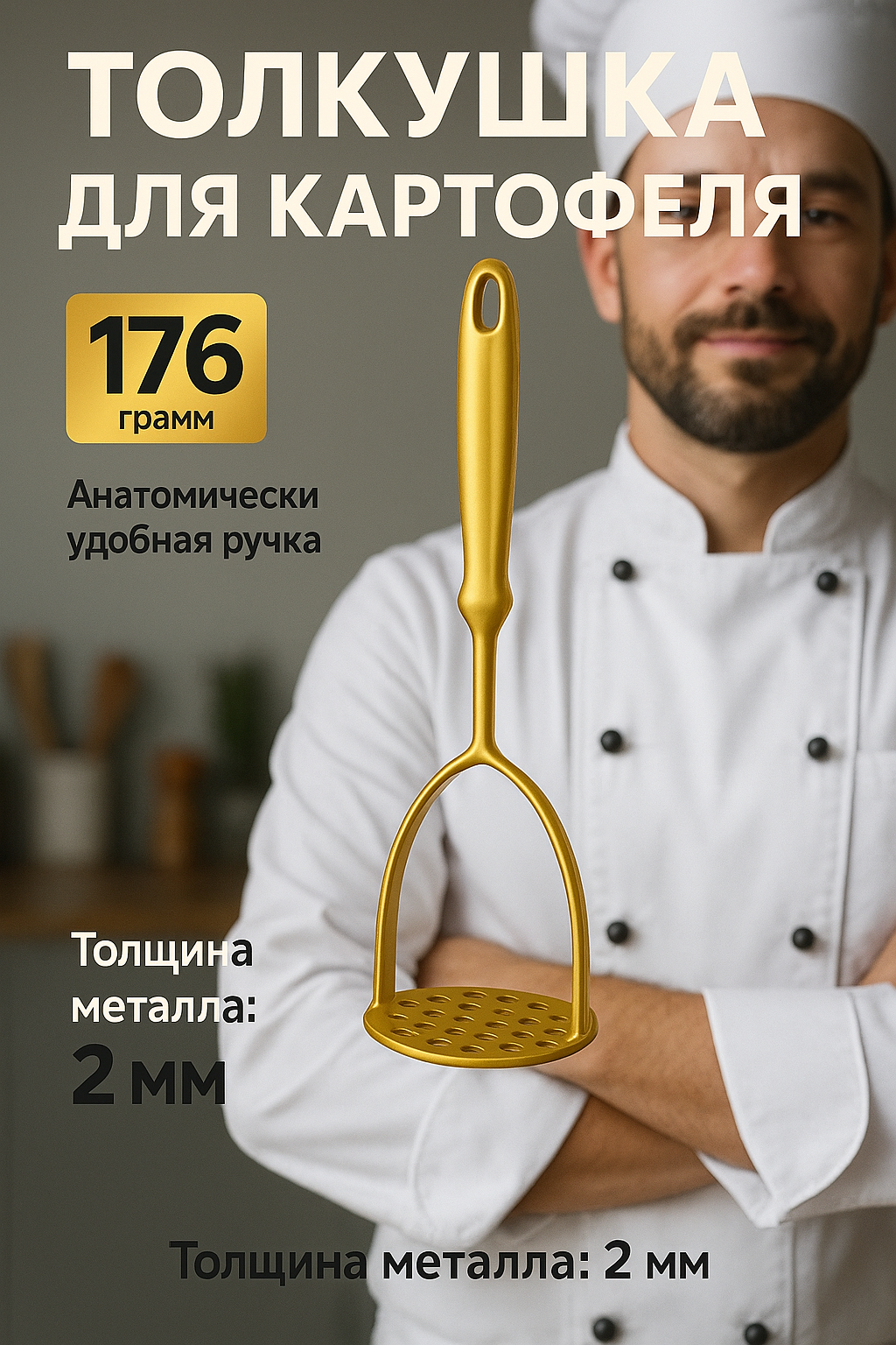 Пресс для картофеля, нержавеющая сталь, 3 грани, золотистый