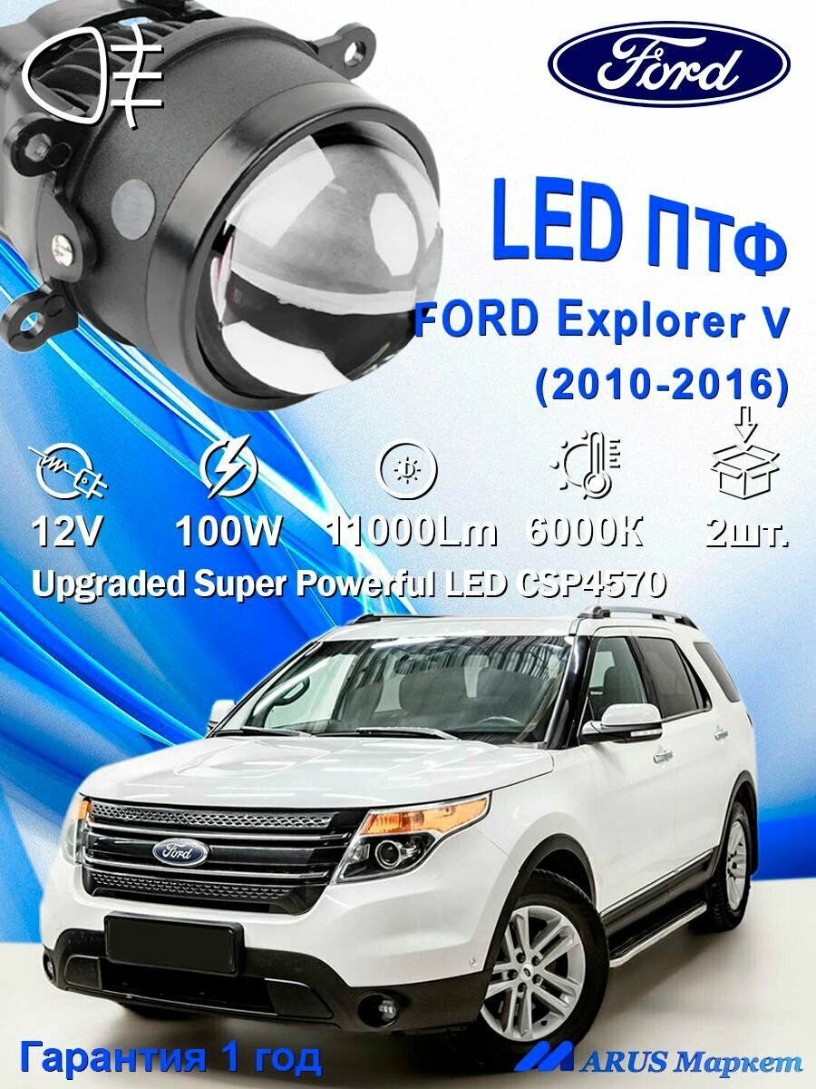 Фары противотуманные FORD Explorer V (2010-2016) - светодиодные ПТФ линзы 100W, 6000K