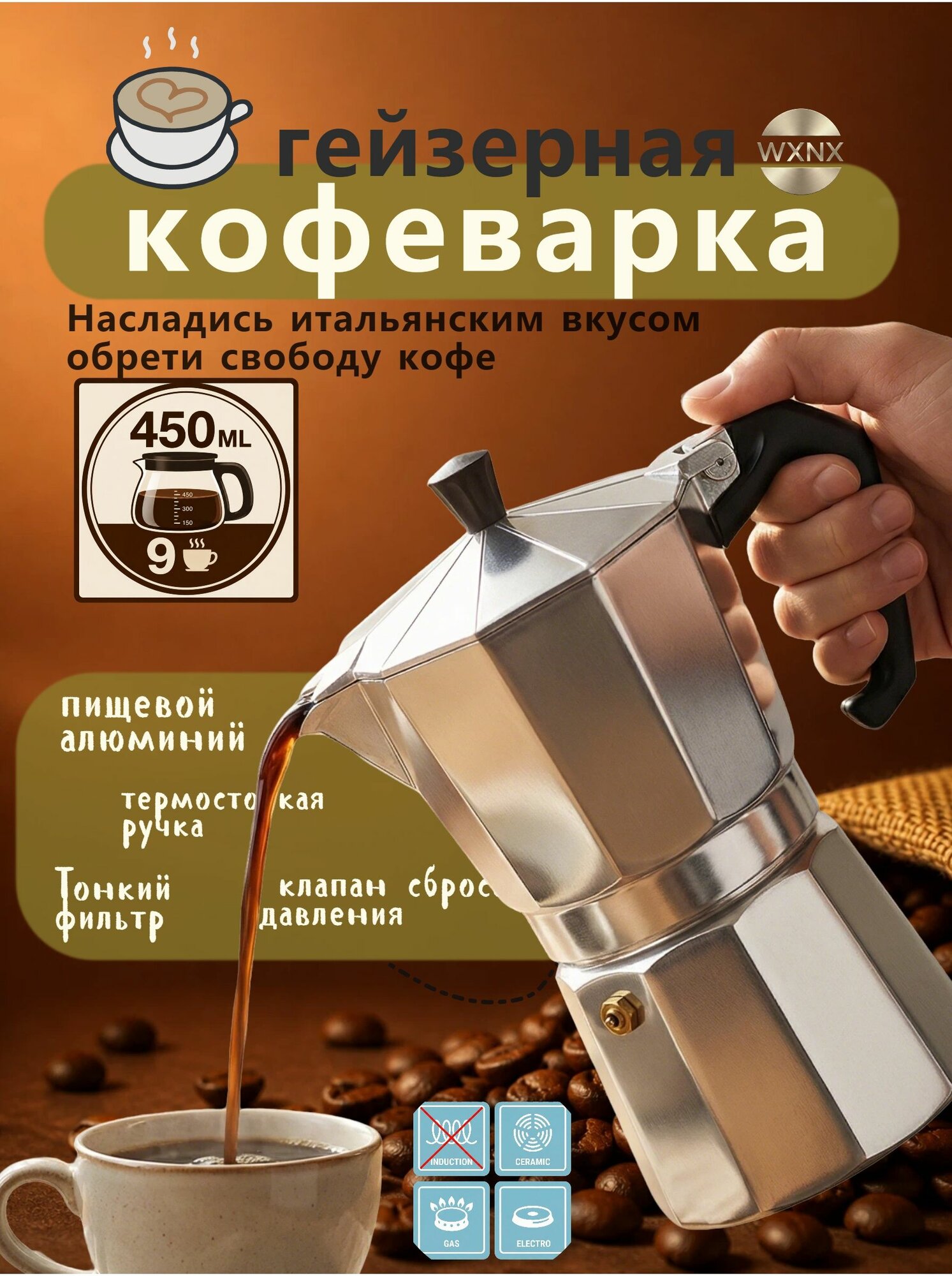 Гейзерная кофеварка, на 9 чаш. (450 мл)