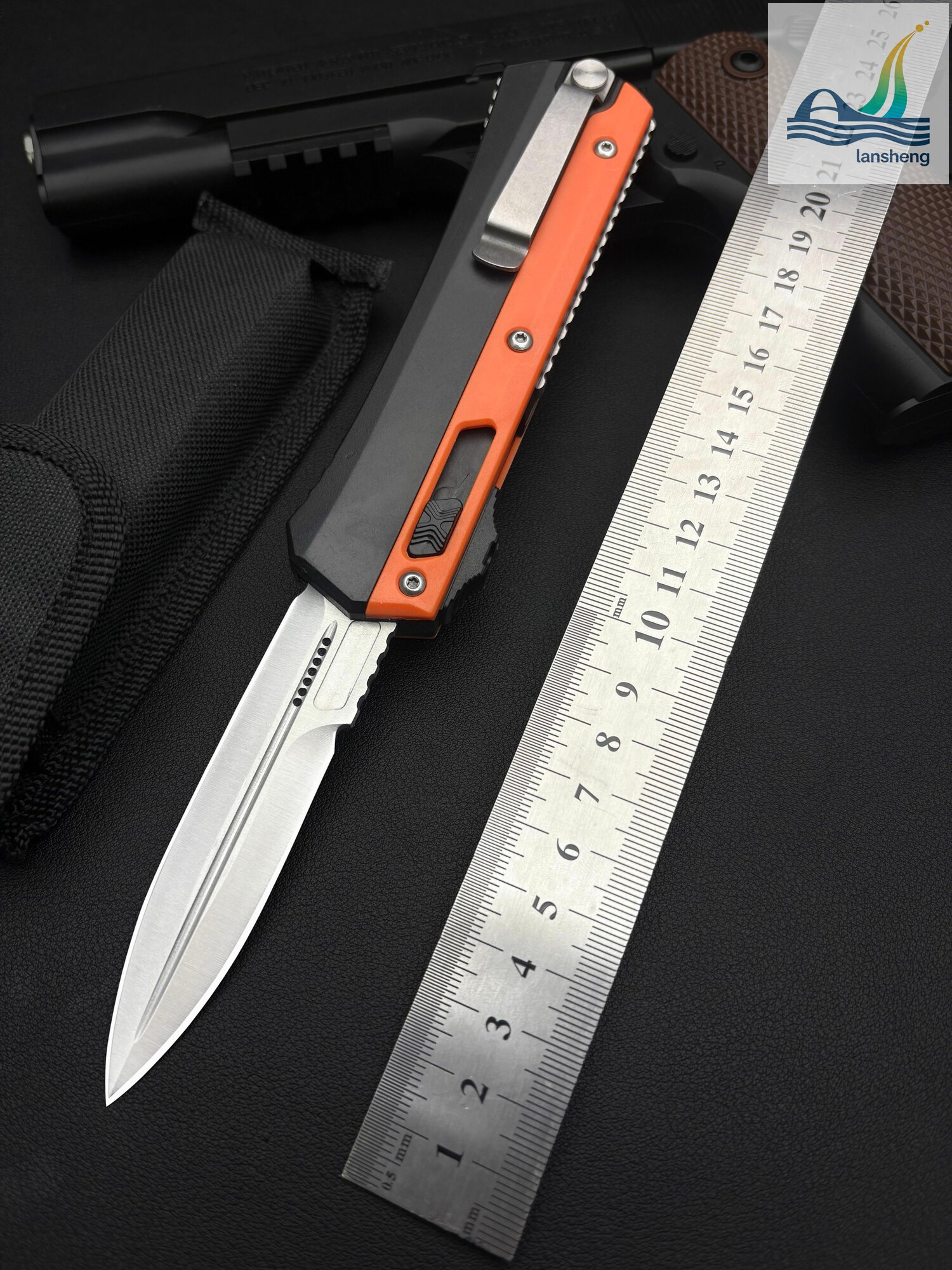 Складной нож для рыбалки 8,9 см M390, автоматический нож с клипсой и чехлом, Microtech с двусторонней заточкой.