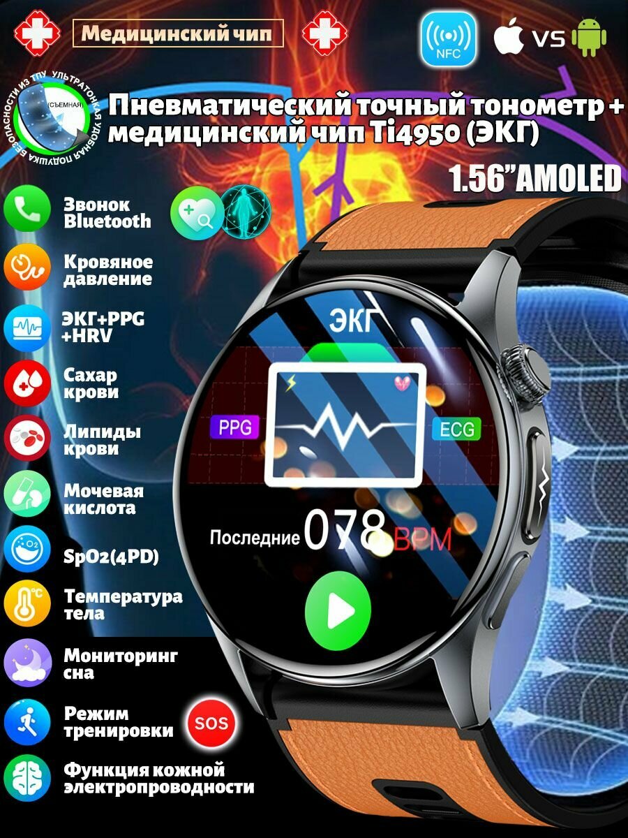 Cмарт часы с тонометром и ЭКГ, HRV,1.56'AMOLED, Разблокировка по NFC, TiAFE4950 RA3220P*4PD, Функция ЭДА