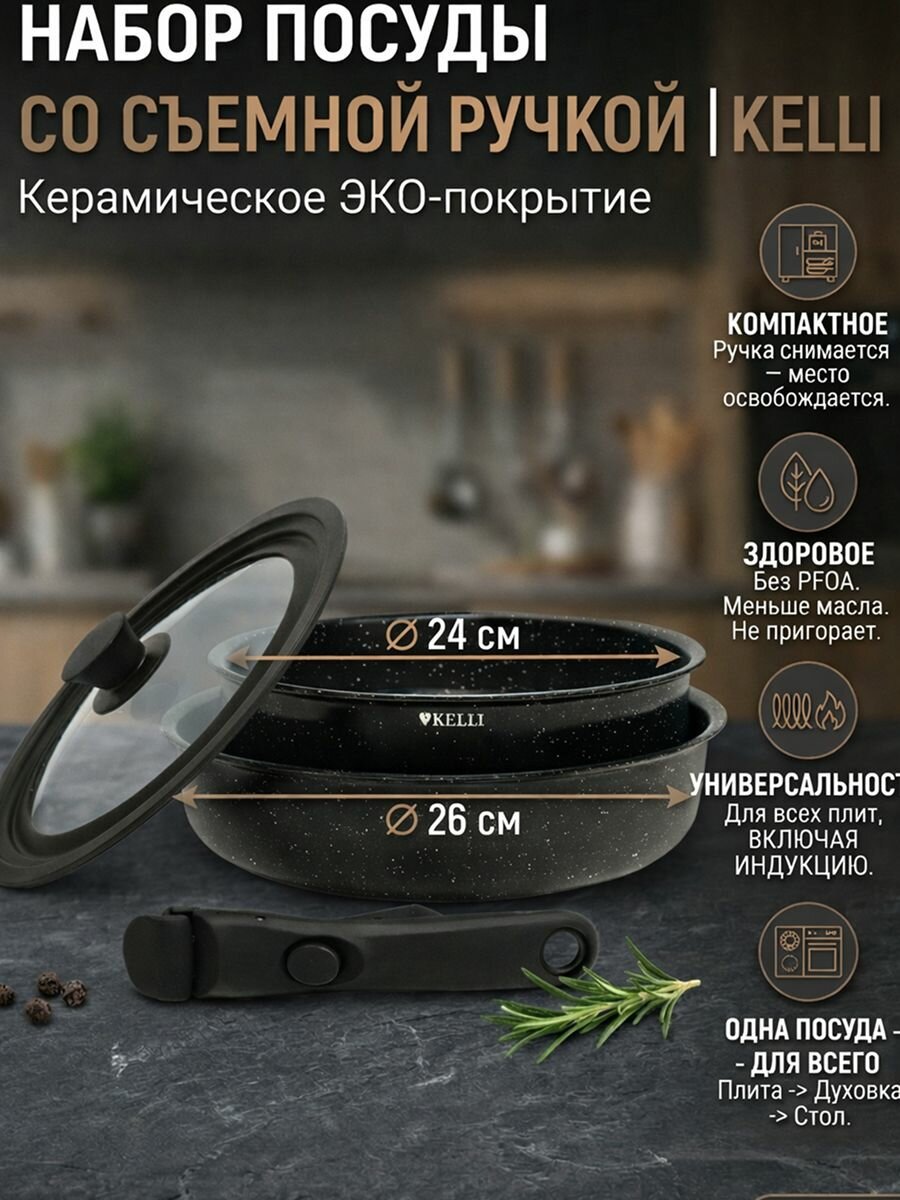Набор посуды с керамическим покрытием, съемная ручка