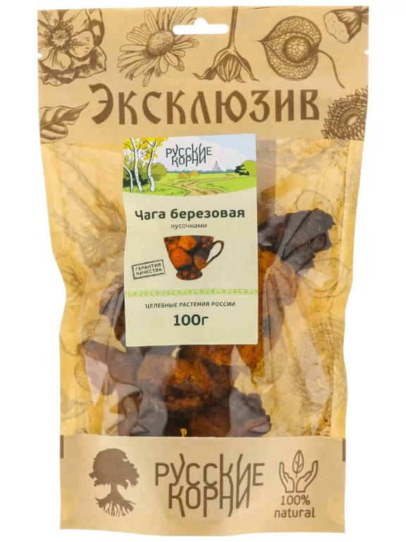 Гриб Березовый Чага сушеный для Пищеварения и Иммунитета,100 г. Русские Корни — фото 1