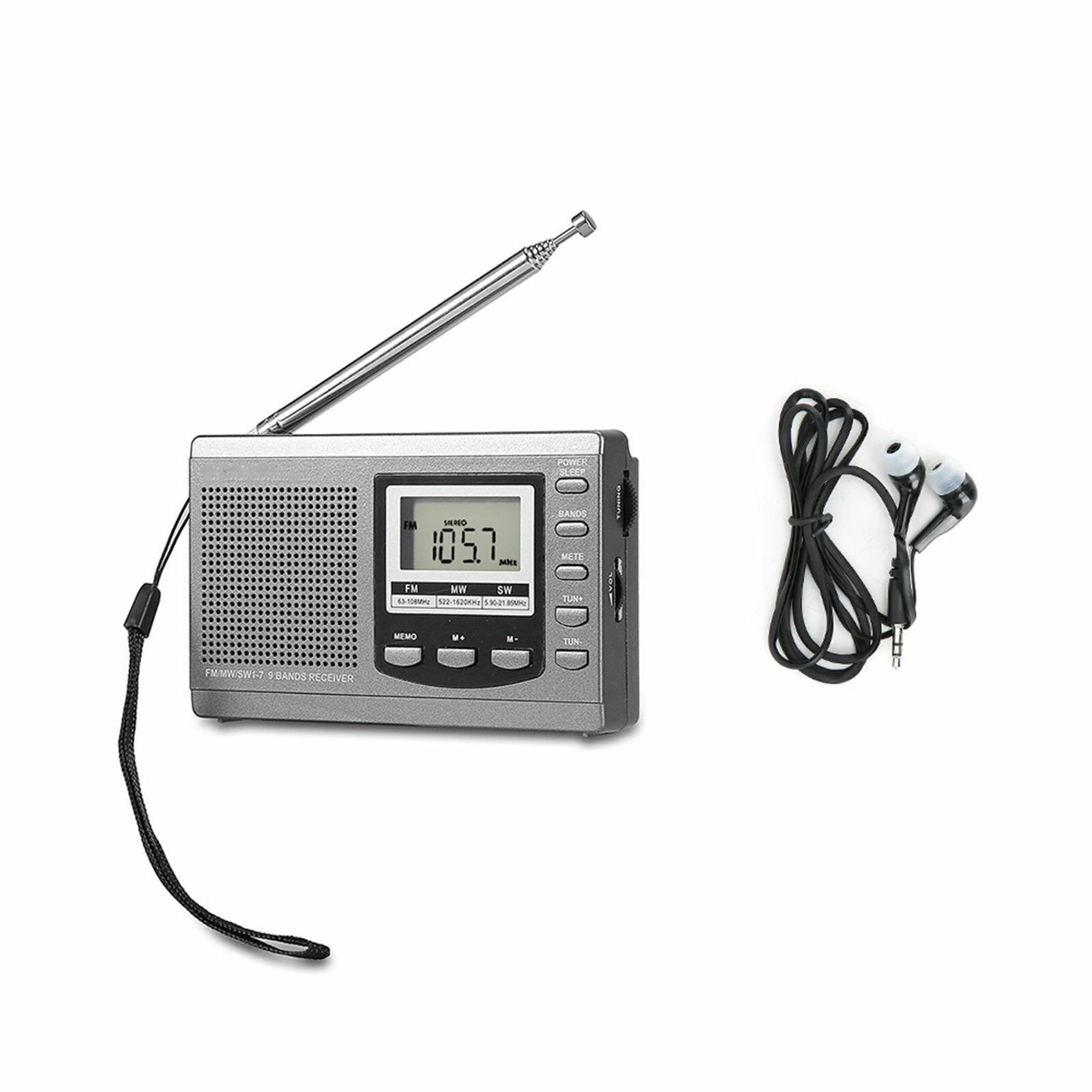 Портативный мини-радиоприемник FM/MW/SW с цифровым будильником FM-радиоприемник серый