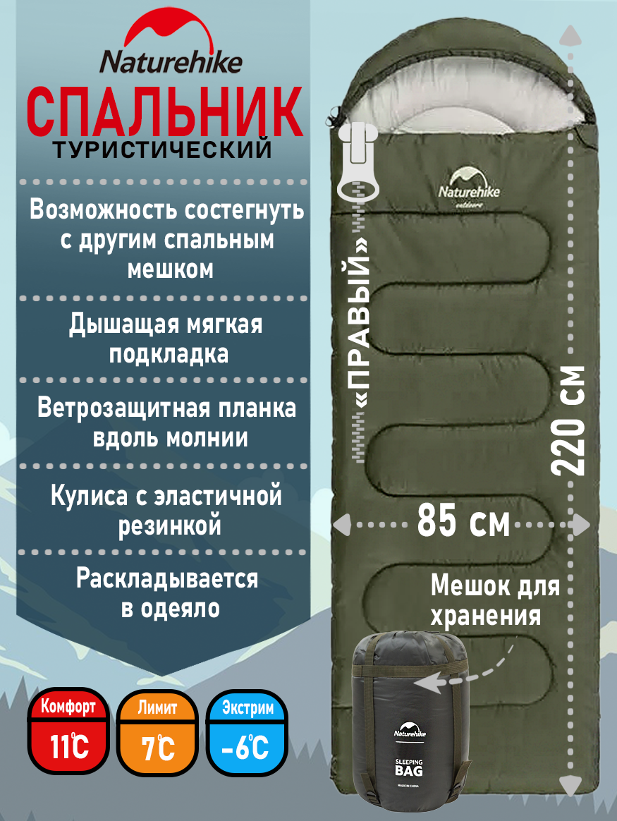 Спальный мешок Naturehike Y150L с капюшоном, туристический одноместный