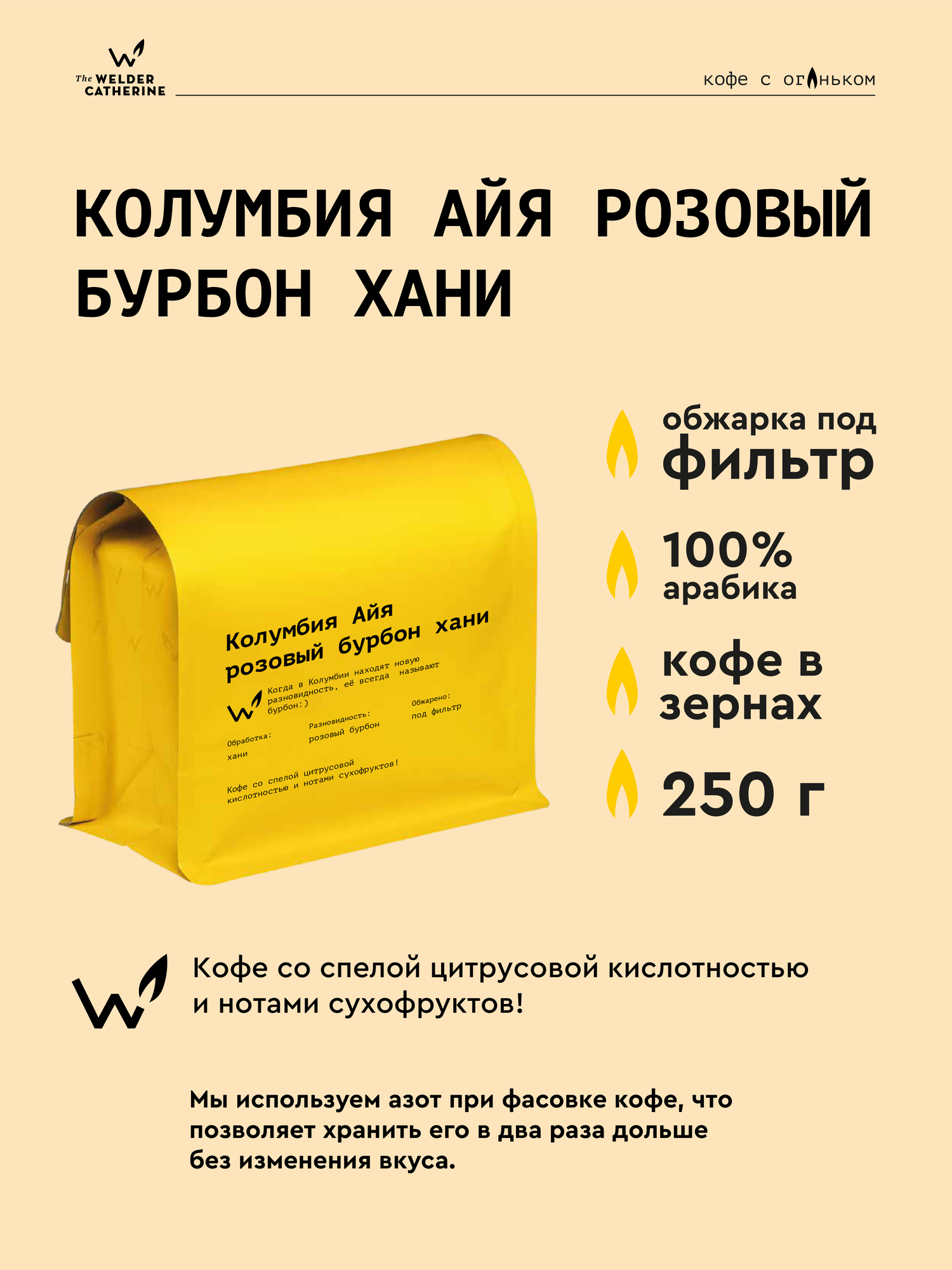 Кофе в зернах Сварщица Екатерина "Колумбия Айя розовый бурбон хани" под фильтр - 250 гр