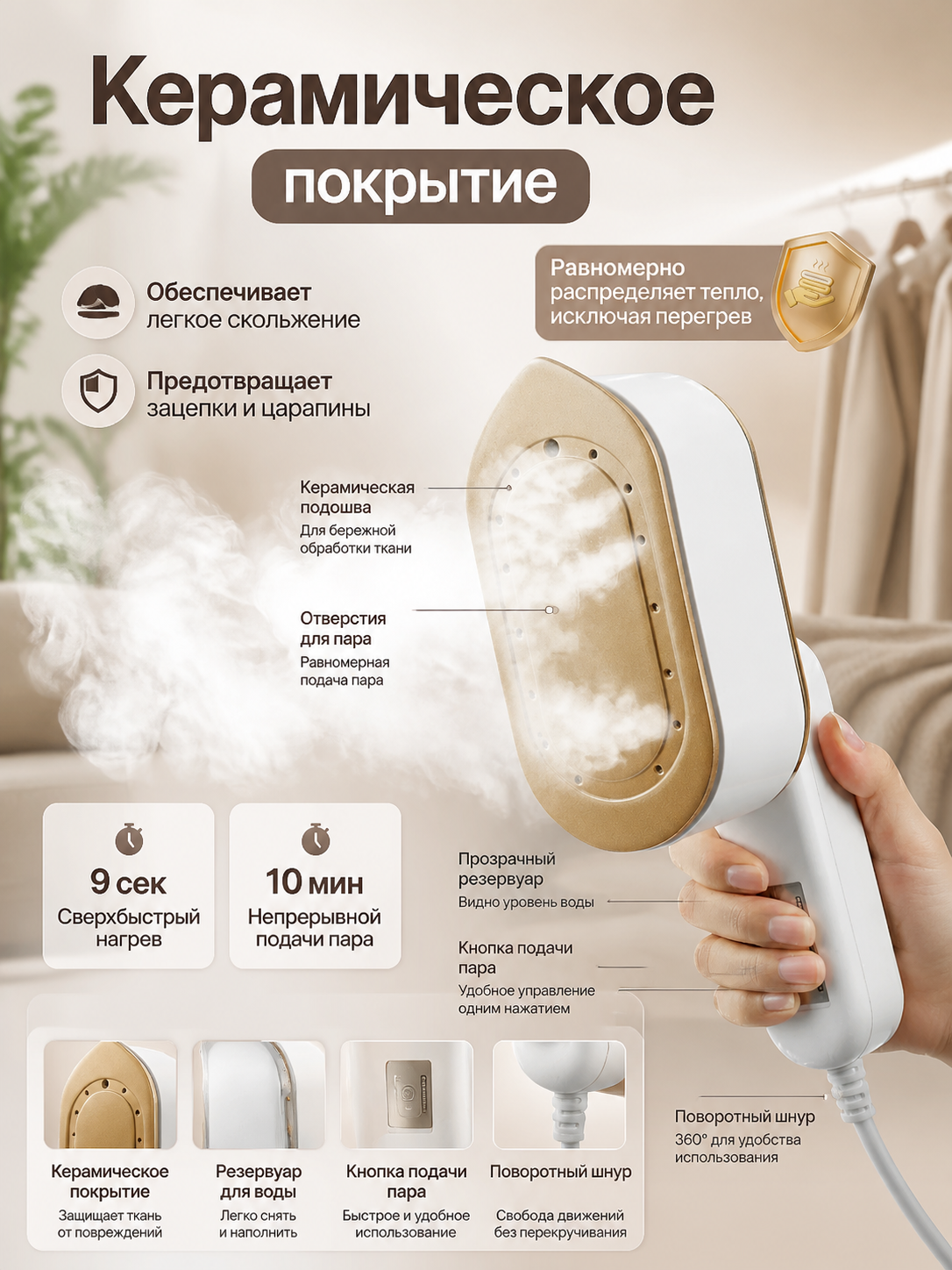 Отпариватель для одежды, "Ручной" вертикальный, паровой мини утюг, дорожный парогенератор, белый — фото 1