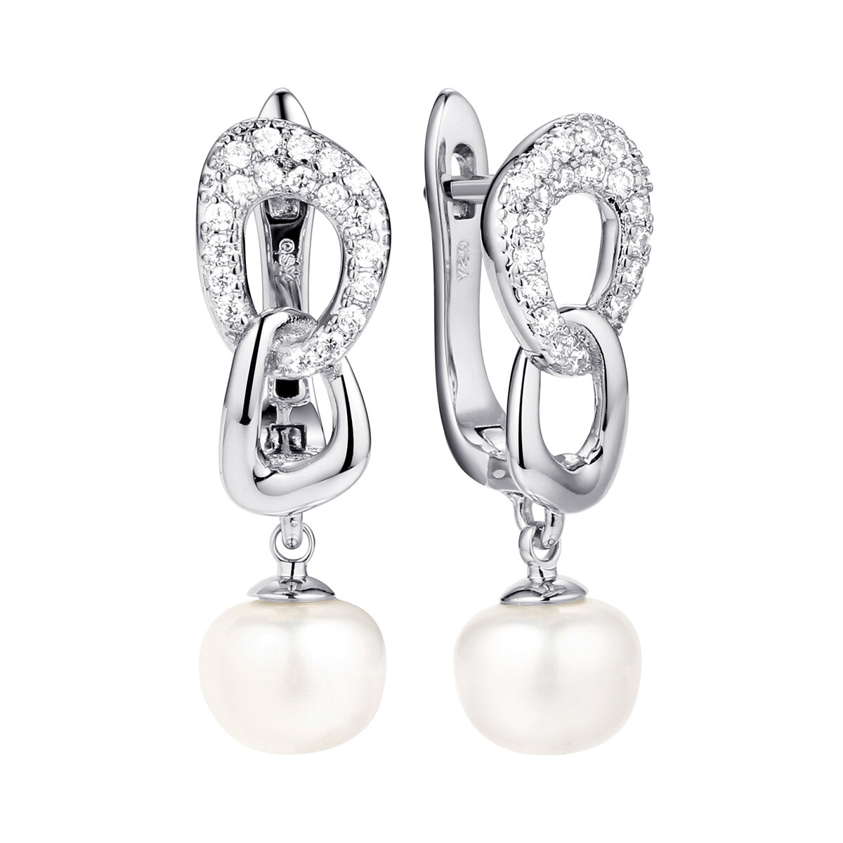 Серьги, серебро, 925 проба, жемчуг культивированный, фианит