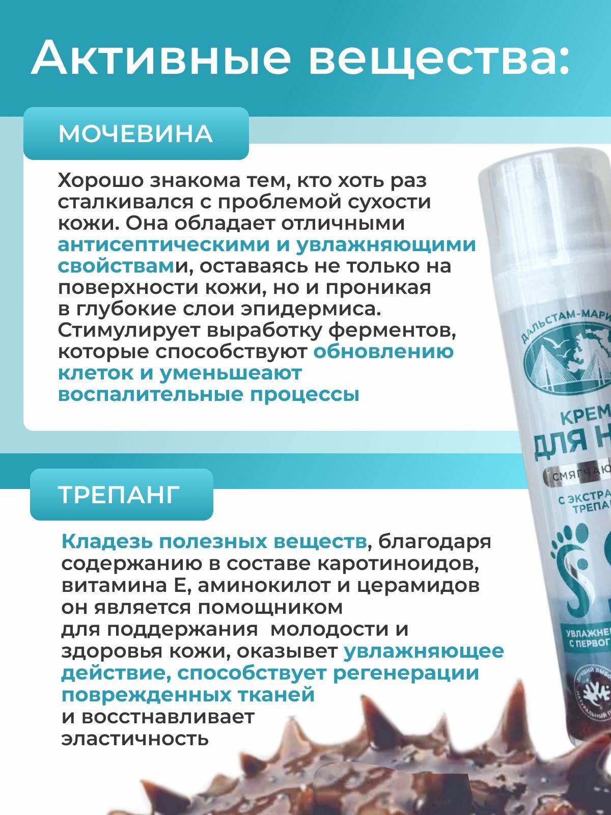 Крем для ног и пяток с мочевиной и трепангом, смягчающий 150 мл