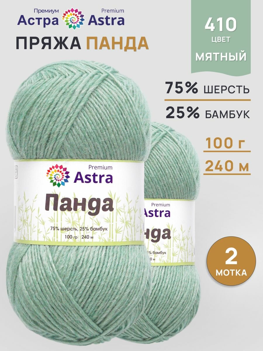 Пряжа для вязания Astra Premium 'Панда' 100г, 240м (75% шерсть, 25% бамбук) (410 мятный), 2 мотка