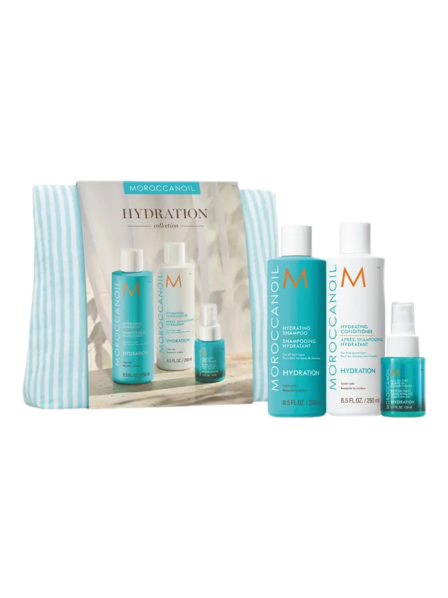 Набор Moroccanoil Весенний в полосатой косметичке Hydration: шампунь250 мл+ кондиционер250 мл+несм. кондиционер50 мл