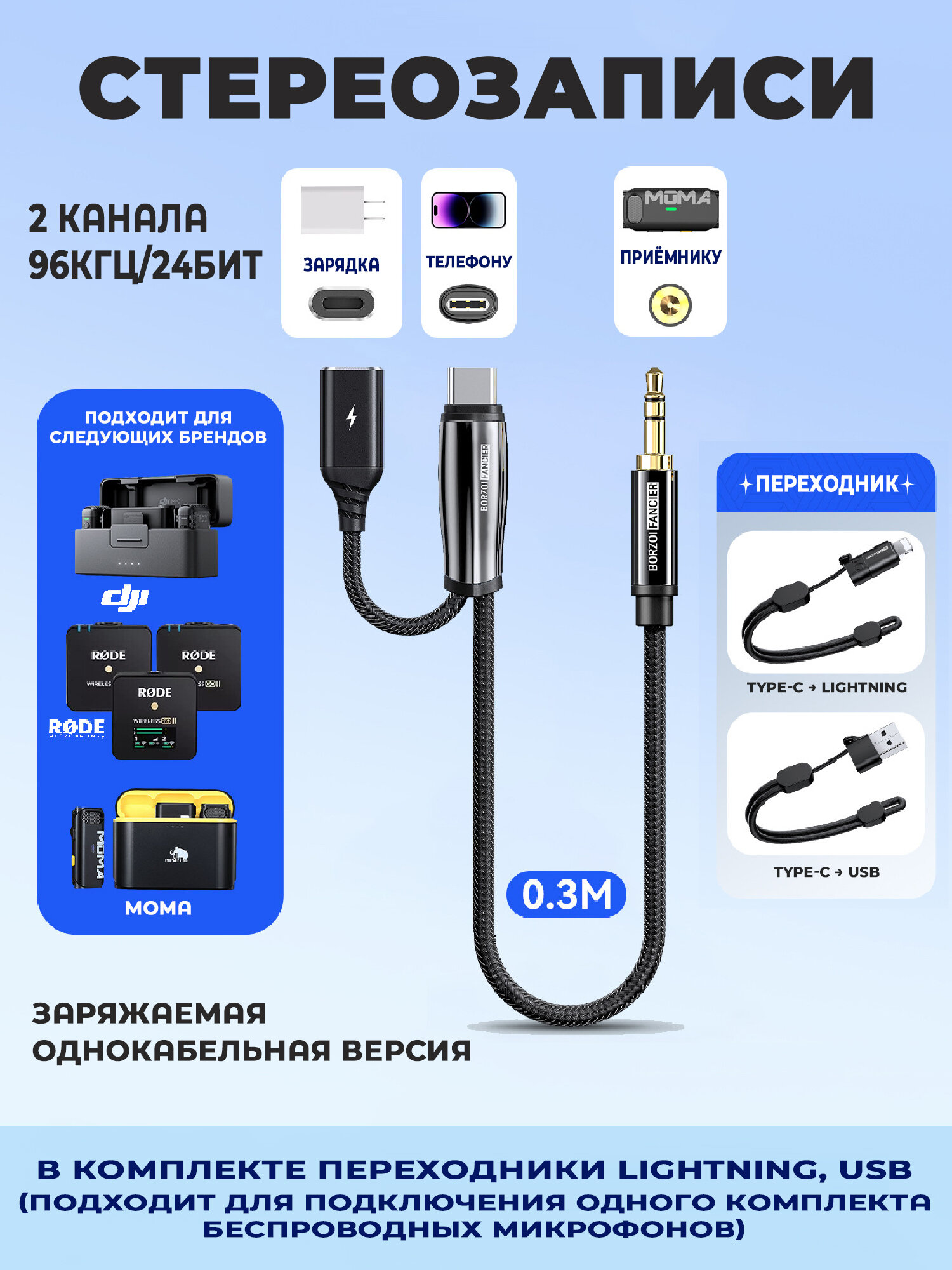 Кабель для стереозаписи 96кГц 24бит с зарядкой PD 60W, переходник USB-C на 3.5мм для одного комплекта микрофонов, запись музыки без остановки
