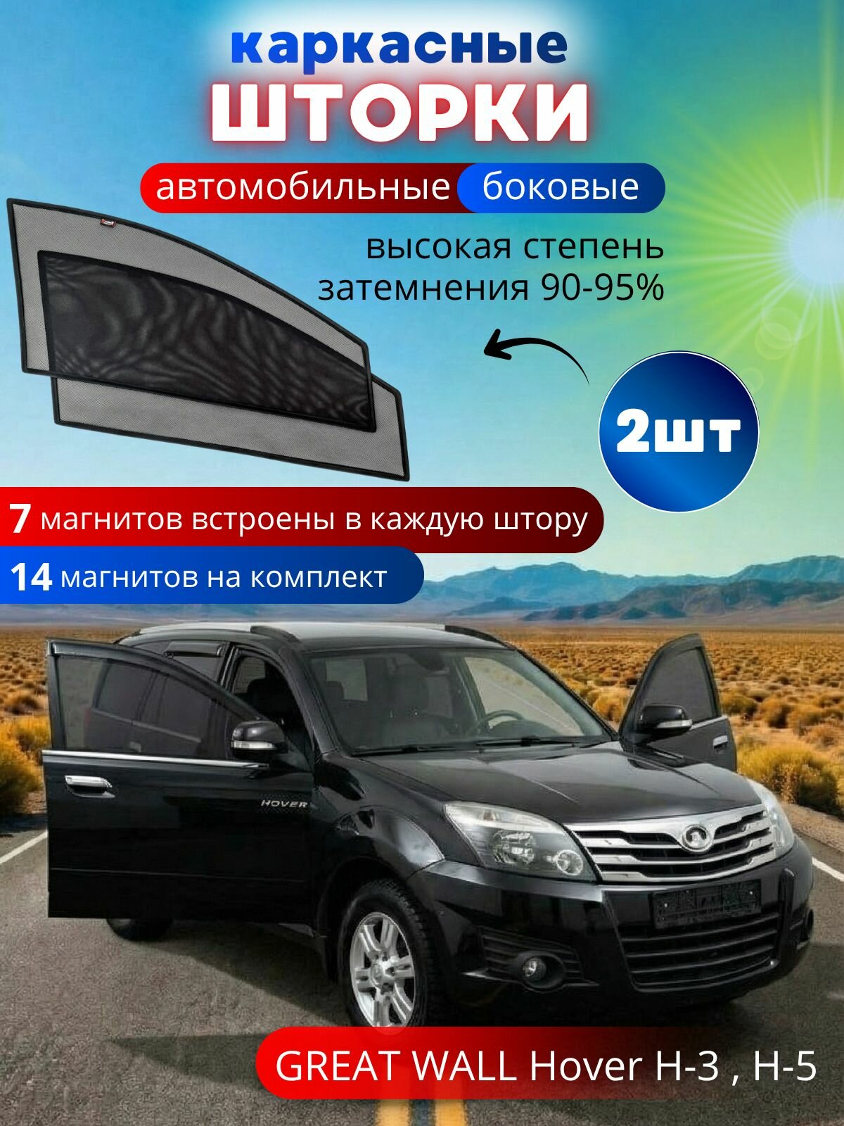 Шторки в машину от солнца на боковые стекла GREAT WALL Hover H-3, H-5, 2 шт, каркасные солнцезащитные шторки передних дверей, на встроенных магнитах, высокая степень затемнения 90-95%.