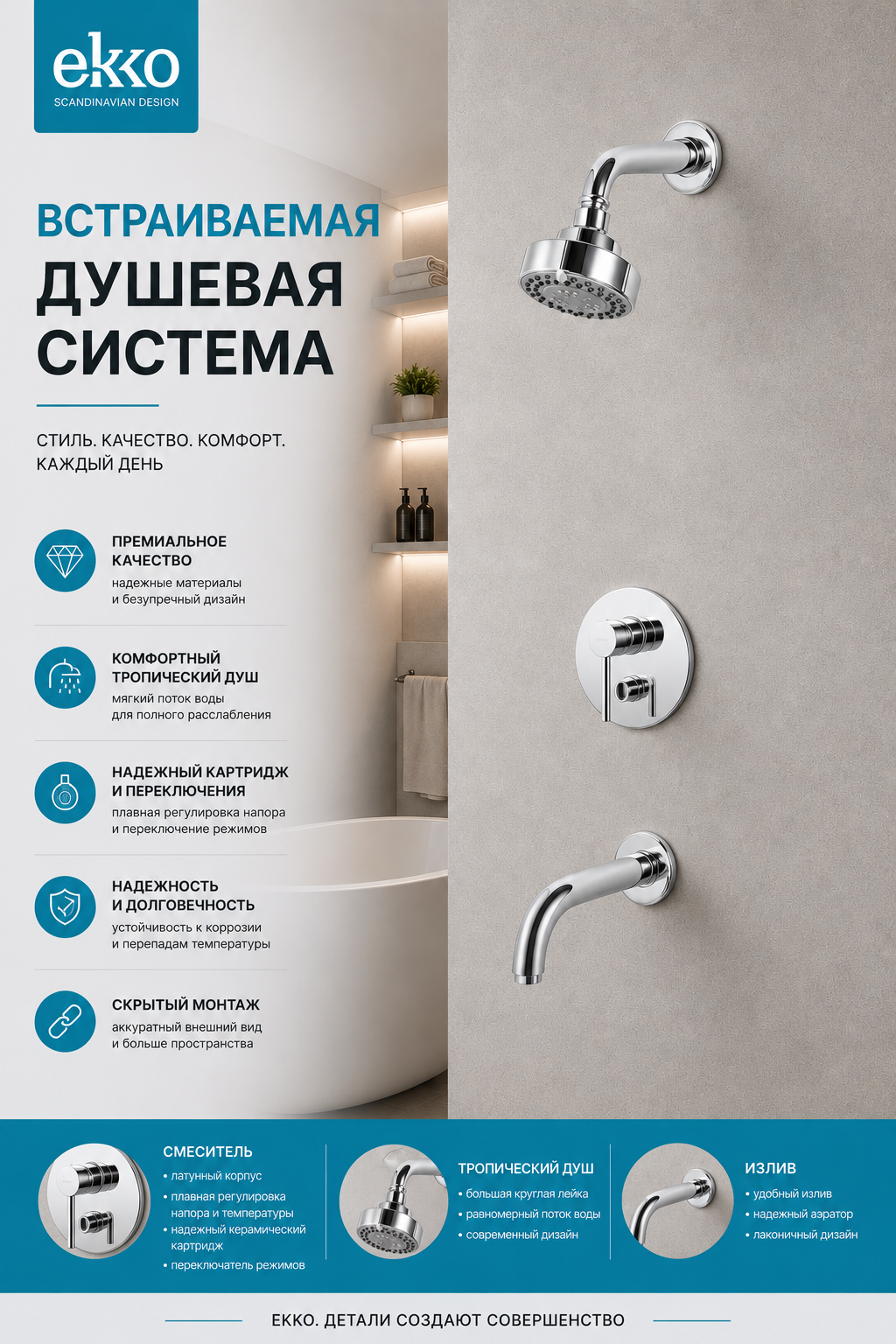 Смеситель встраиваемый для ванны душа Ekko by Maxonor MN7102 , латунь, хром