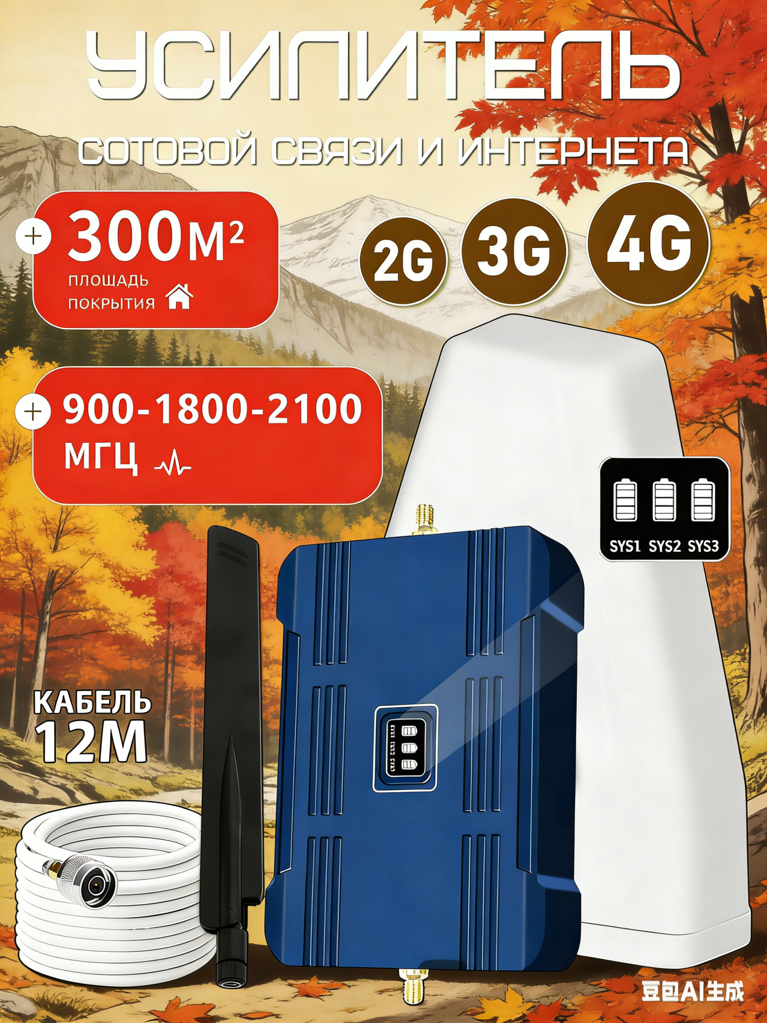Усилитель сотовой связи 900/1800/2100 МГц (2G/3G/4G): до 70 км, направленный, синий, 1.3 кг