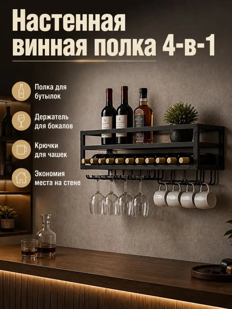 Полка для барной стойки Настенная Прямая, 60х25х27 см, 1 шт.