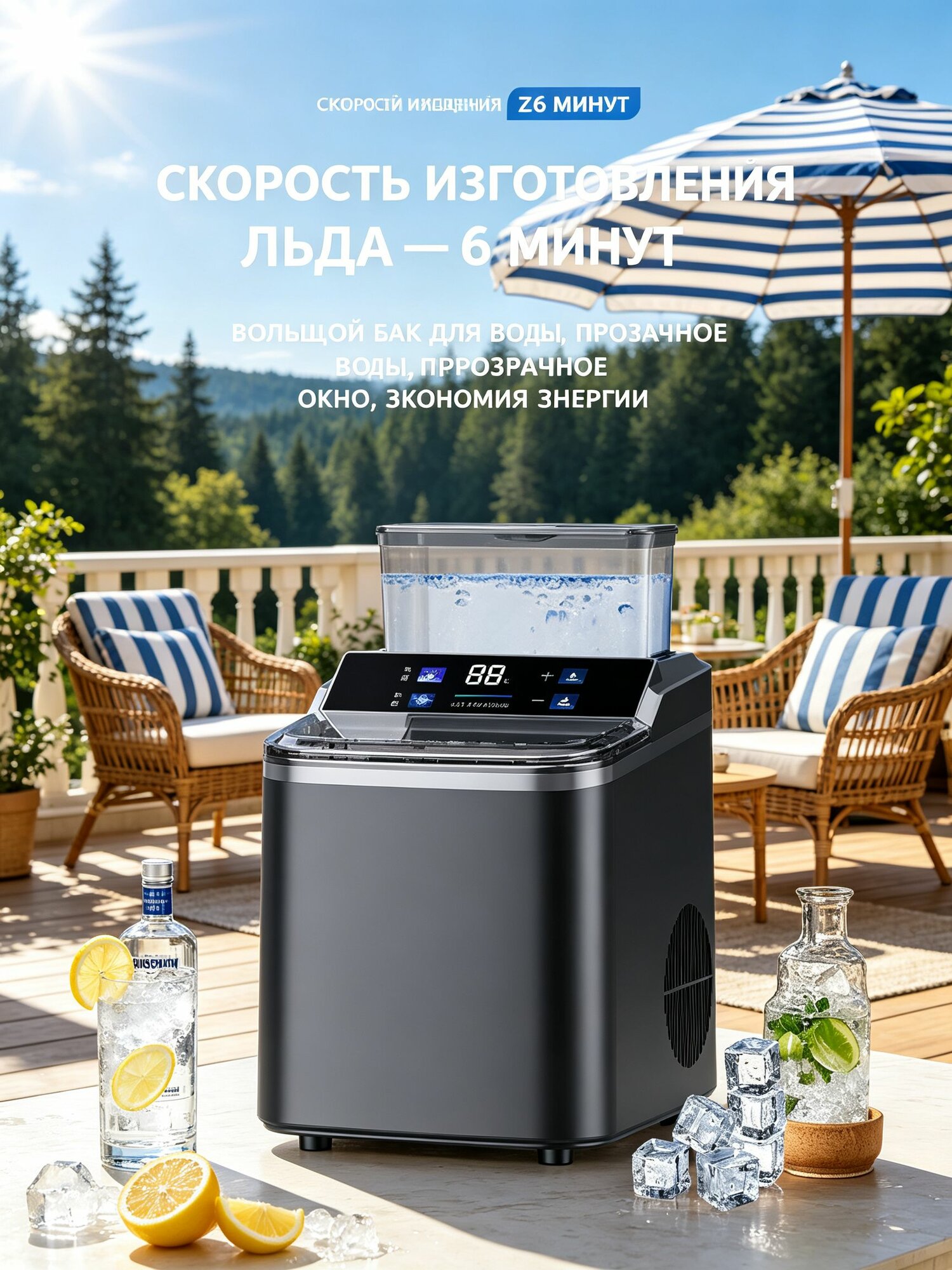 Льдогенератор бытовой для дома, генератор льда заливной мини, 2 размера льда S/L, лёд пальчики, 15 кг/сутки, цикл 6-9 мин