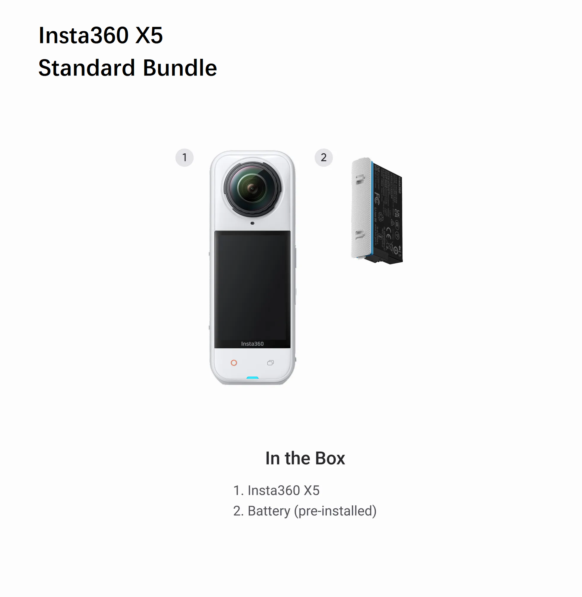 Панорамная Экшн-камера Insta360 X5, водонепроницаемая, 360° 8К, 72 МП, 5.7К 60 fps, Standard Bundle, Белый