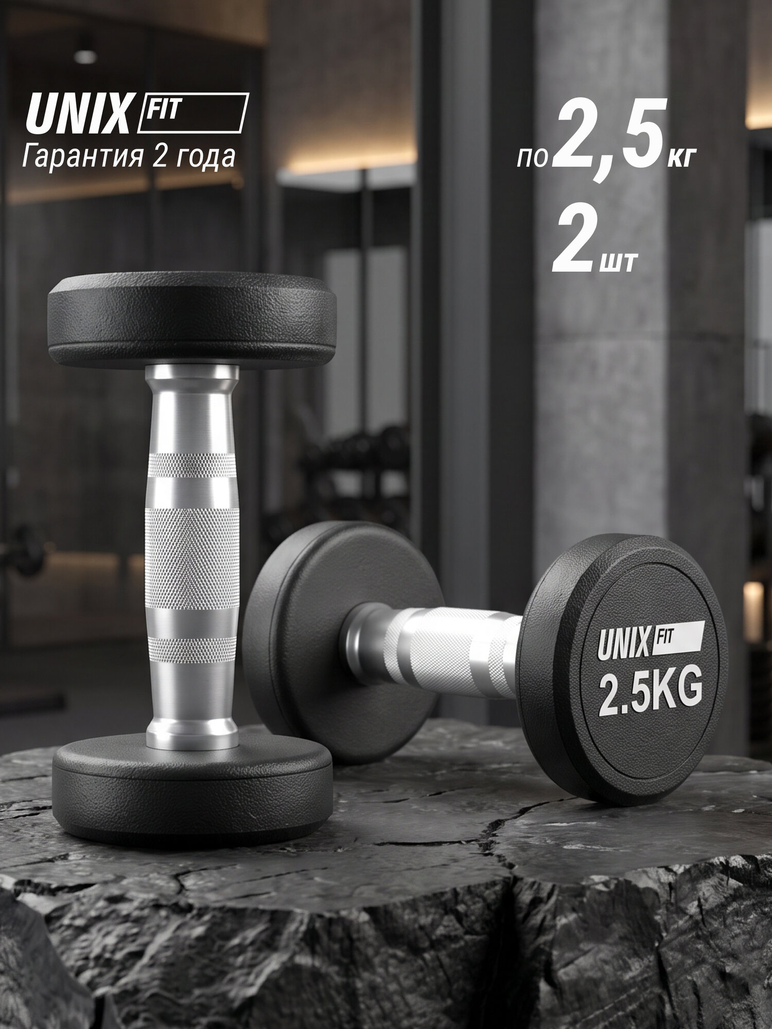 Гантель UNIX Fit про круглая обрезиненная 2,5 кг, металлическая спортивная гантель неразборная, 2 шт.