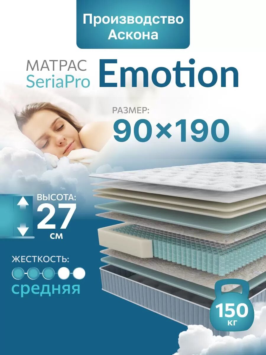Анатомический матрас, Ортопедический матрас 90х190 см Seria Pro Emotion, Независимые пружины