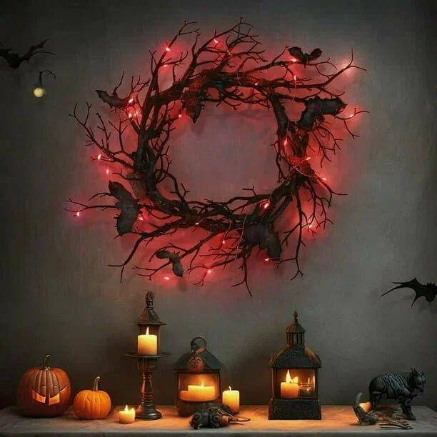 18-inch Halloween Bat Black Branch Red LED Light Decoration, Door and Window Ornament, (battery not included)