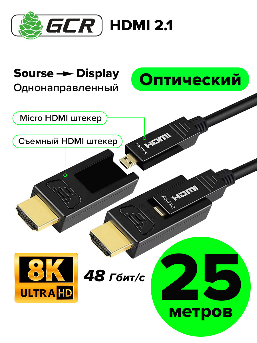 Активный оптический кабель (AOC) 25 метров HDMI 2.1 съемный HDMI + Micro HDMI 8K, 4K 120Hz GCR 48 Гбит/с черный