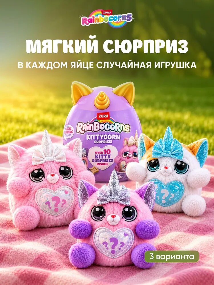 Мягкая игрушка Фиолетовый Кот, Большое яйцо с сюрпризами и наклейками ZURU Rainbocorns Kittycorn Surprise, игрушки для девочек, 3+, 9279