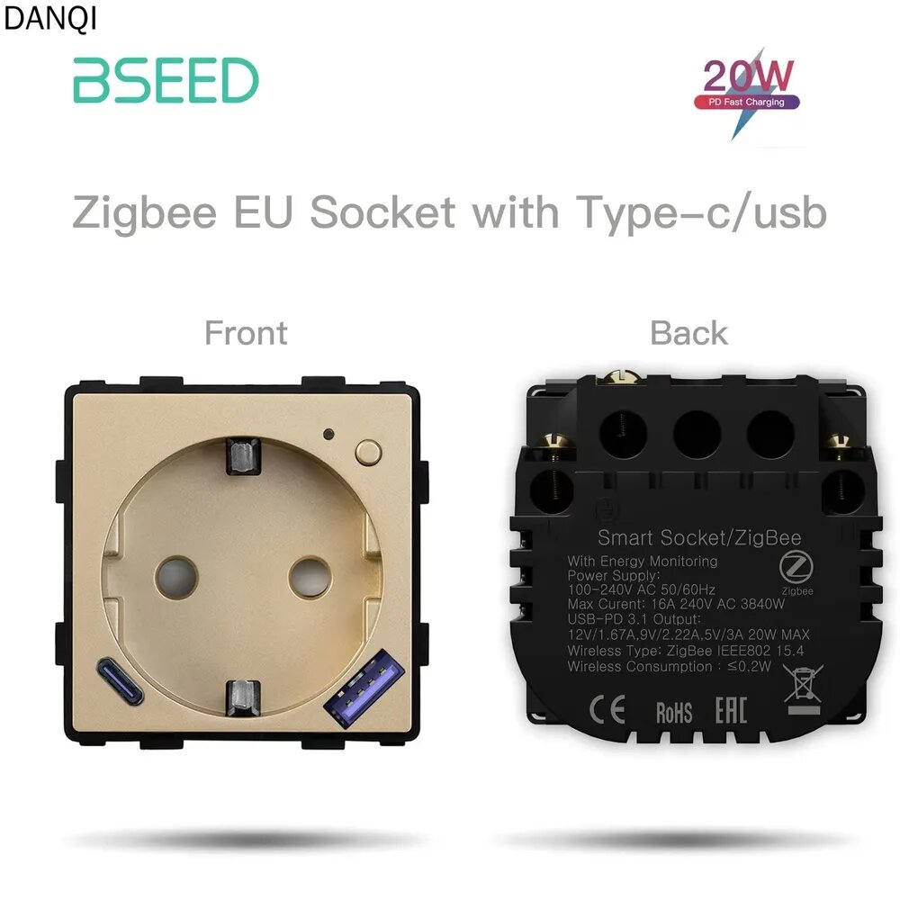 Модуль умной розетки с TYPE-C и USB 20W Zigbee мониторинг потребления , Серия E