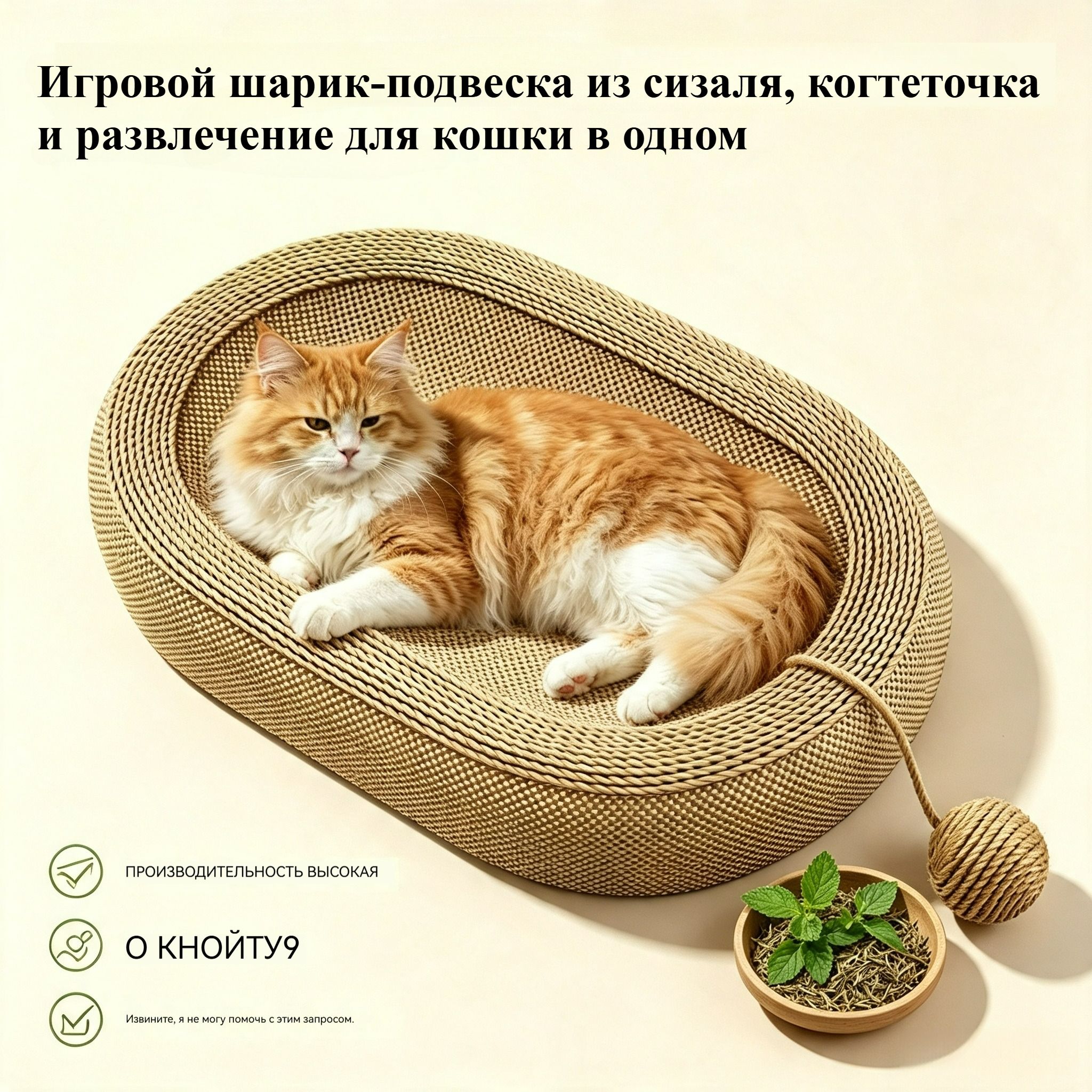 Когтеточкалежанка для кошек из натурального сизаля , прочная не крошится, с игрушкойшаром и кошачьей мятой 50*33CM когтеточка лежанка сизаль с кошачьей мятой игрушка шар 50 на 33 см
