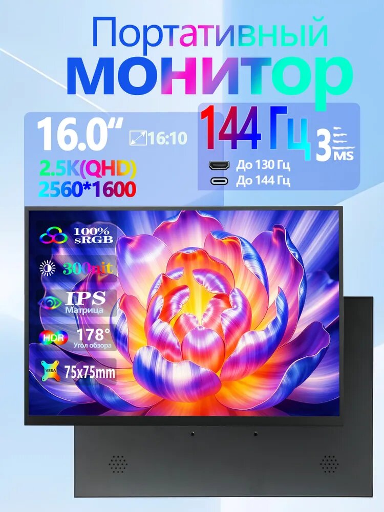 16.0" Монитор Портативный монитор, IPS, 2560x1600 WQXGA, 144 Гц, черный, черно-серый