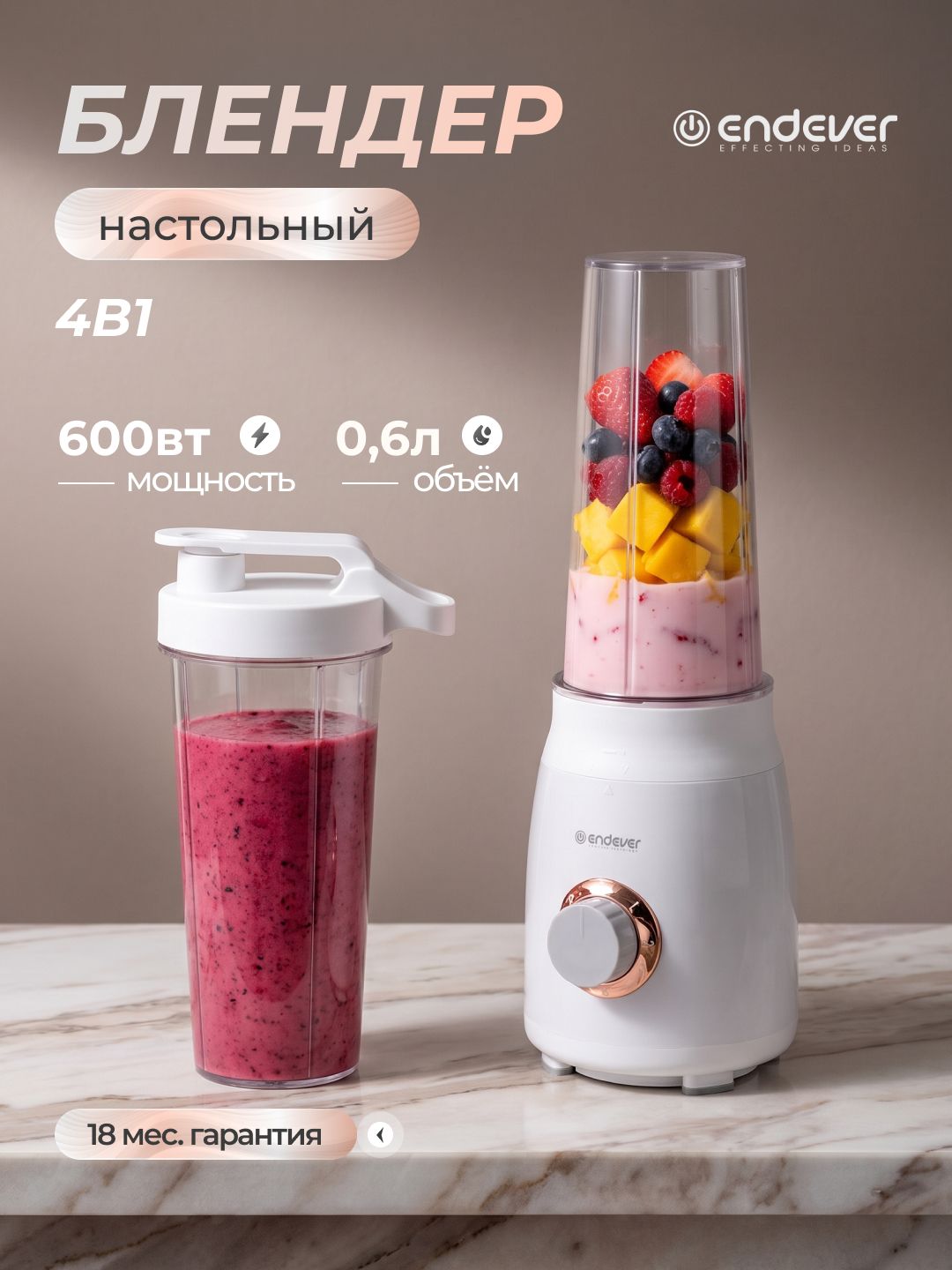 ENDEVER Блендер стационарный для смузи и коктейлей с измельчителем льда и бутылкой 600 Вт Sigma-205