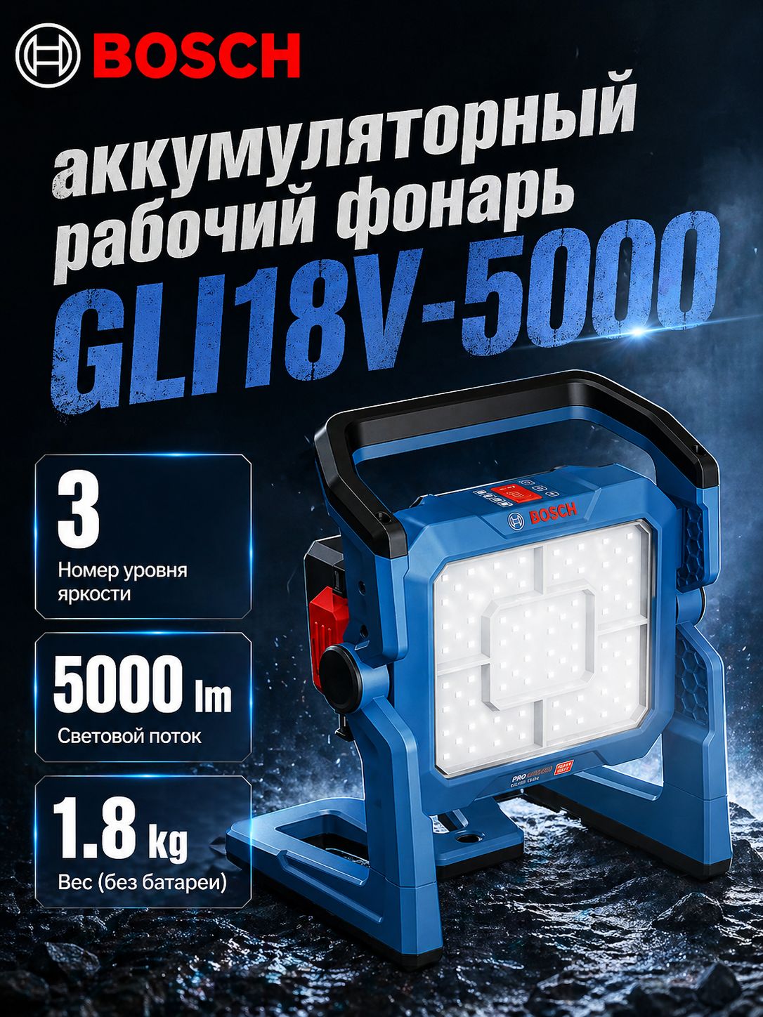 Professional аккумуляторный рабочий прожектор 18V 5000 лм IP54 с магнитом и креплением 5/8"