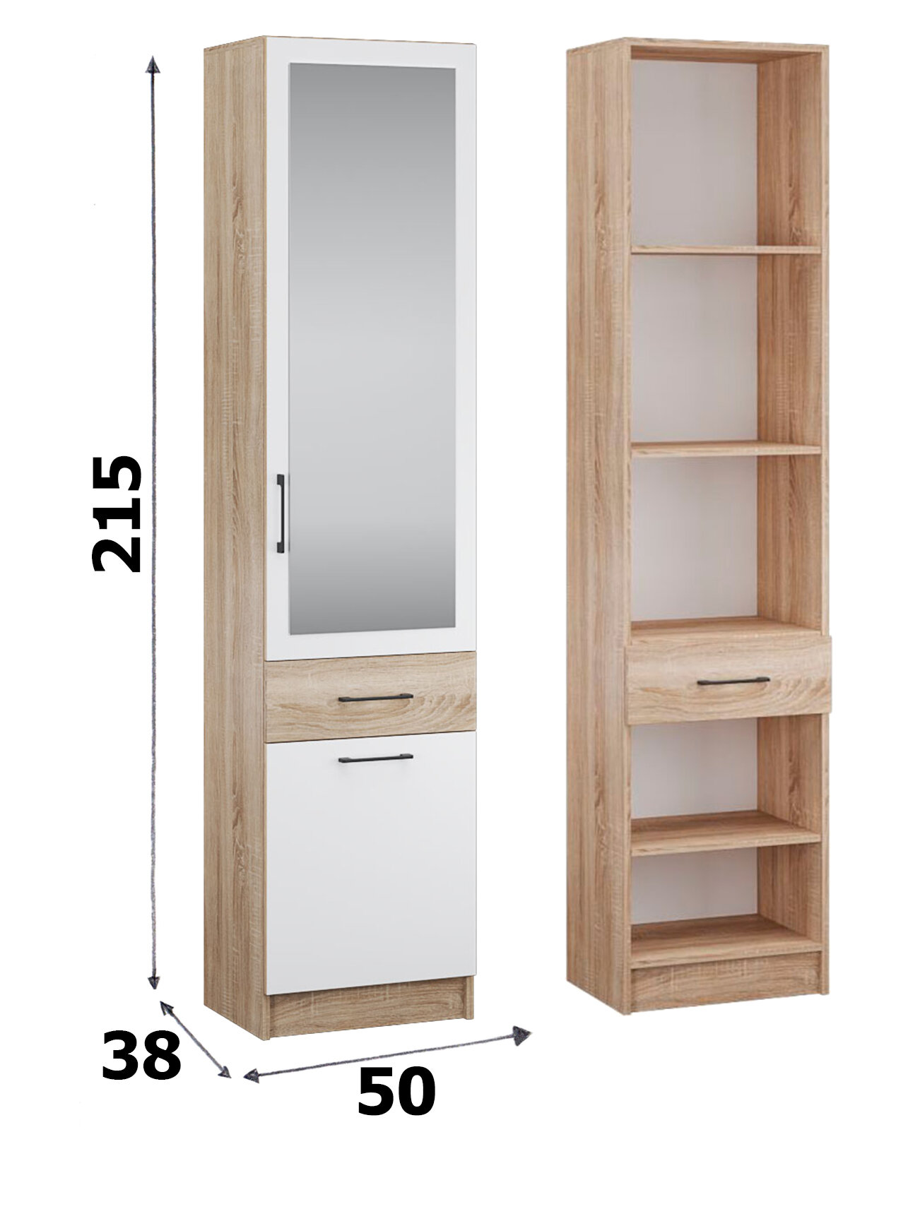 Пенал с зеркалом модульная прихожая Денвер 2150х500х380 цвет дуб сонома/белый