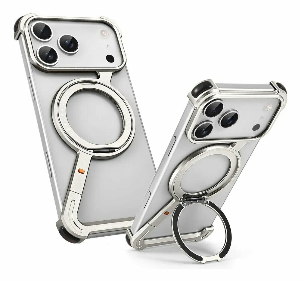 Минималистичный чехол OATSBASF для iPhone 17 Pro, вращающийся на 360, подставка, алюминиевый металлический чехол-бампер без рамки, серебристый
