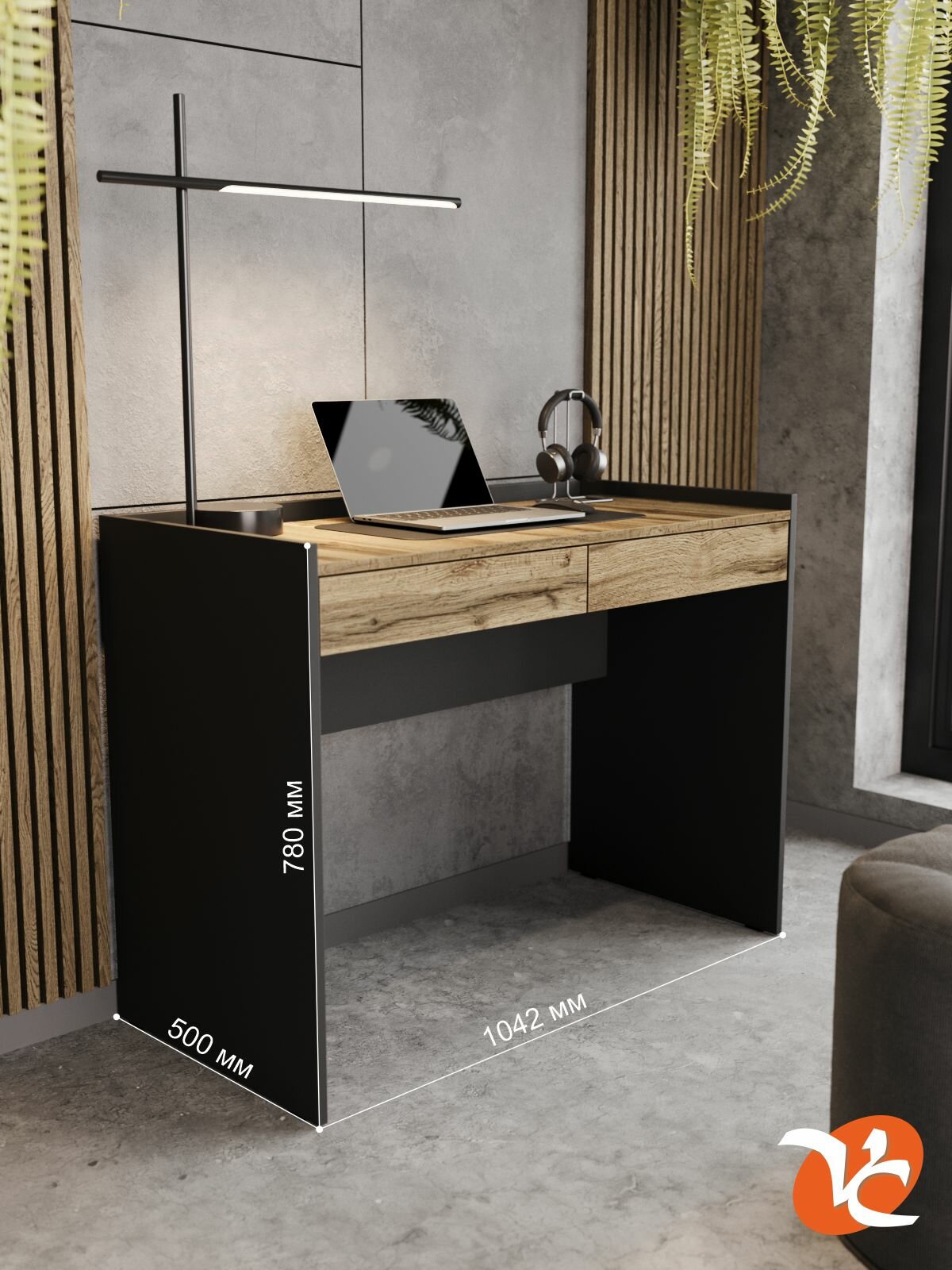 Письменный стол Мебельная фабрика Volodin&Co, ЛДСП, 104.2х50х78, с ящиками, черный/дуб вотан